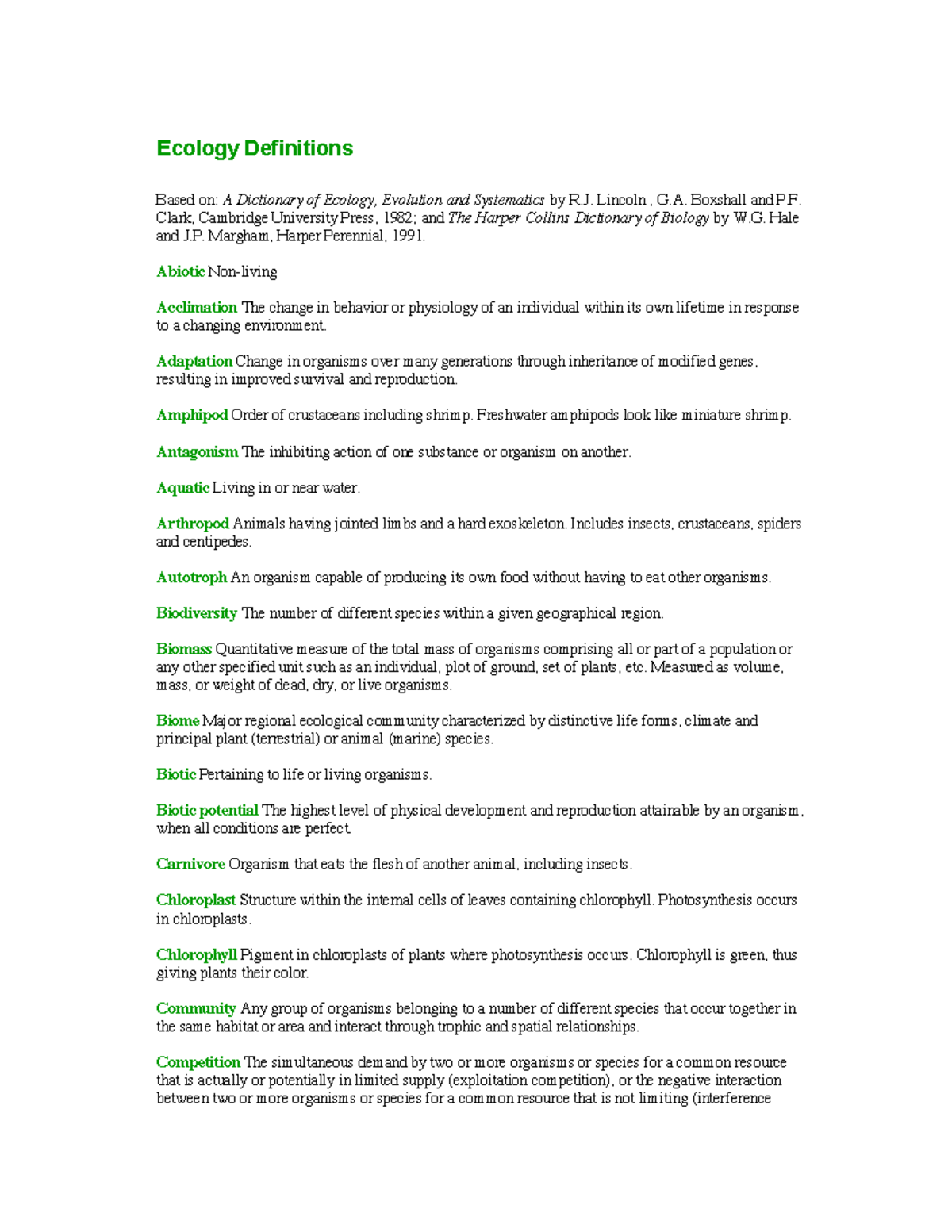 Ecology Definitions: Key Terms from R.J. Lincoln et al. (Ecology 101 ...