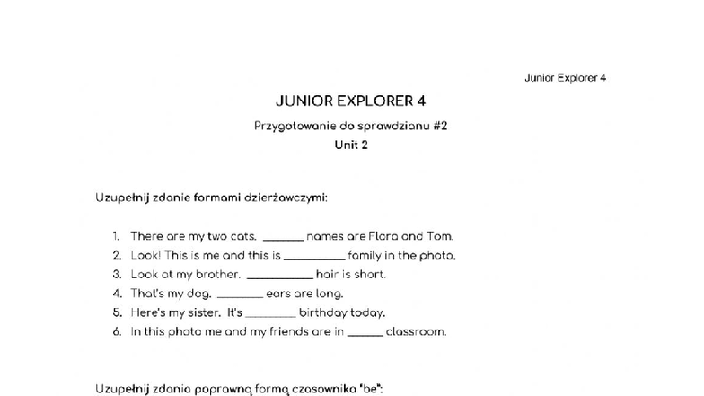 Junior Explorer 4 - Unit 2 Preparation Worksheet 512857 - Studocu