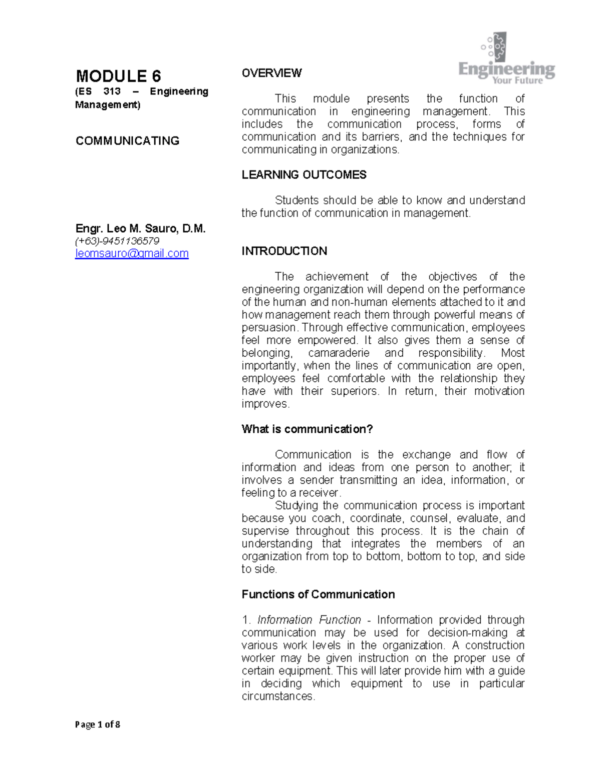Module 6 - Communication Processes in Engineering Management (ES 313 ...