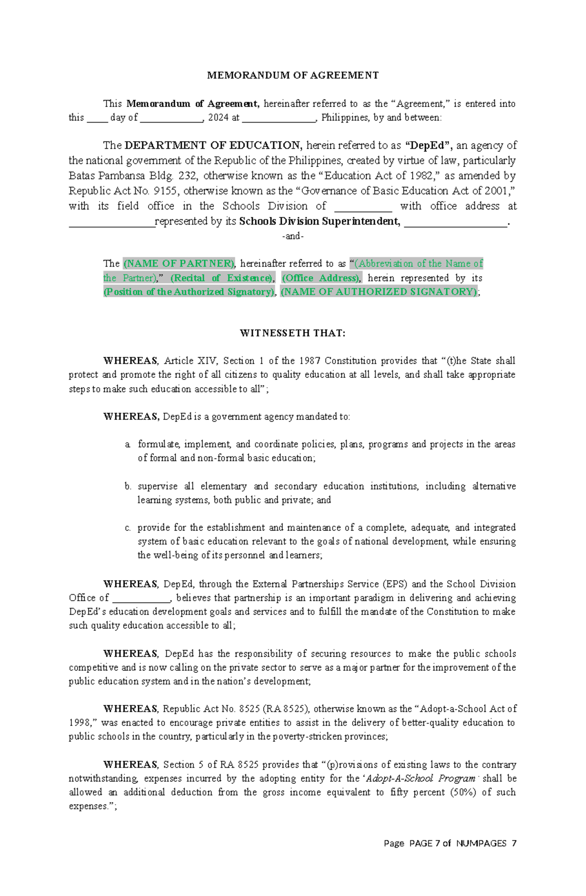 MOA Template for Partnership with DepEd: Guidelines and Provisions ...