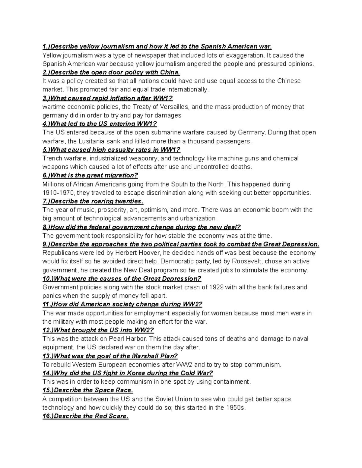 Spring test questions: Key topics in US history and foreign policy ...