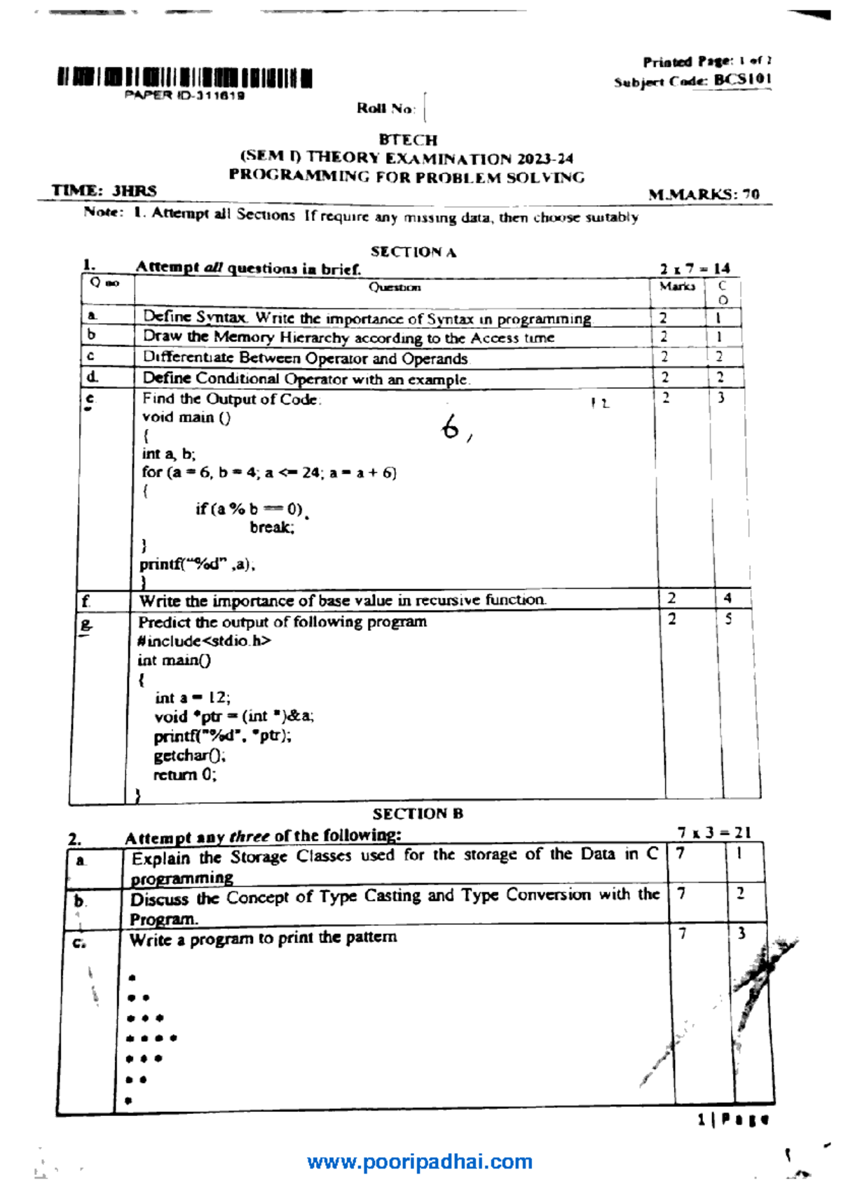 Programming for Poble Solving-BCS101 - Printed Page: of 2 Subject Code: BCS101 PAPER Roll No ...