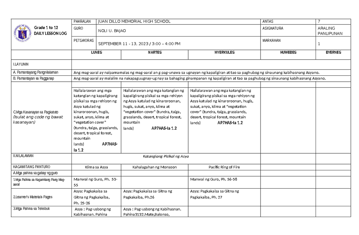 AP 7 Q1 WEEK 3 DLL - Lesson Log on Physical Characteristics of Asia ...