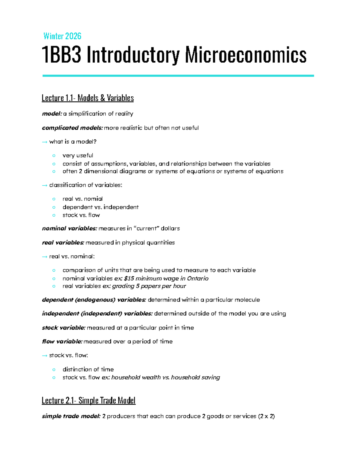 Winter 2026 1BB3 Introductory Microeconomics Lecture Notes on Models ...