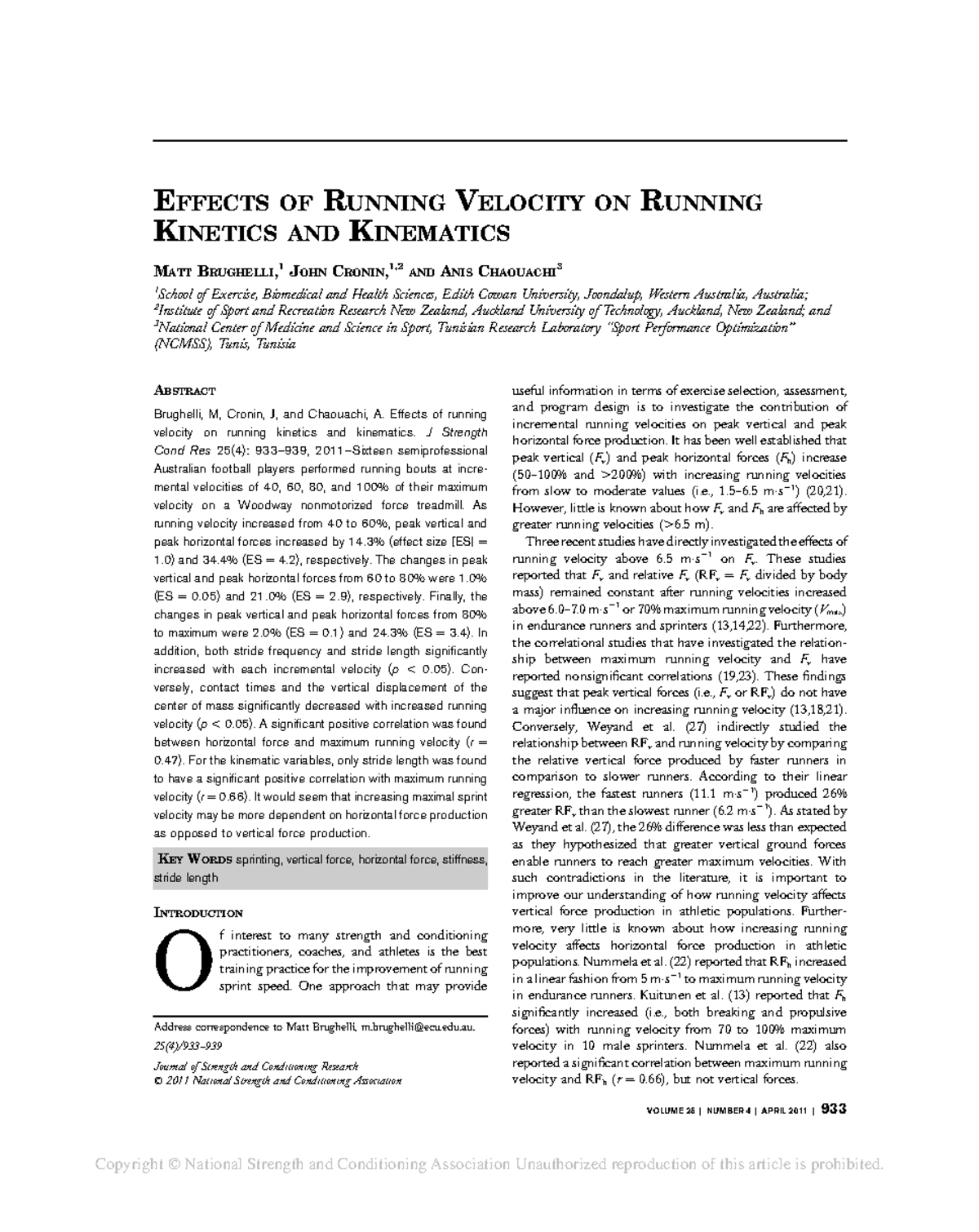 EFFECTS OF RUNNING VELOCITY ON KINETICS & KINEMATICS (JSCR 2010) - Studocu