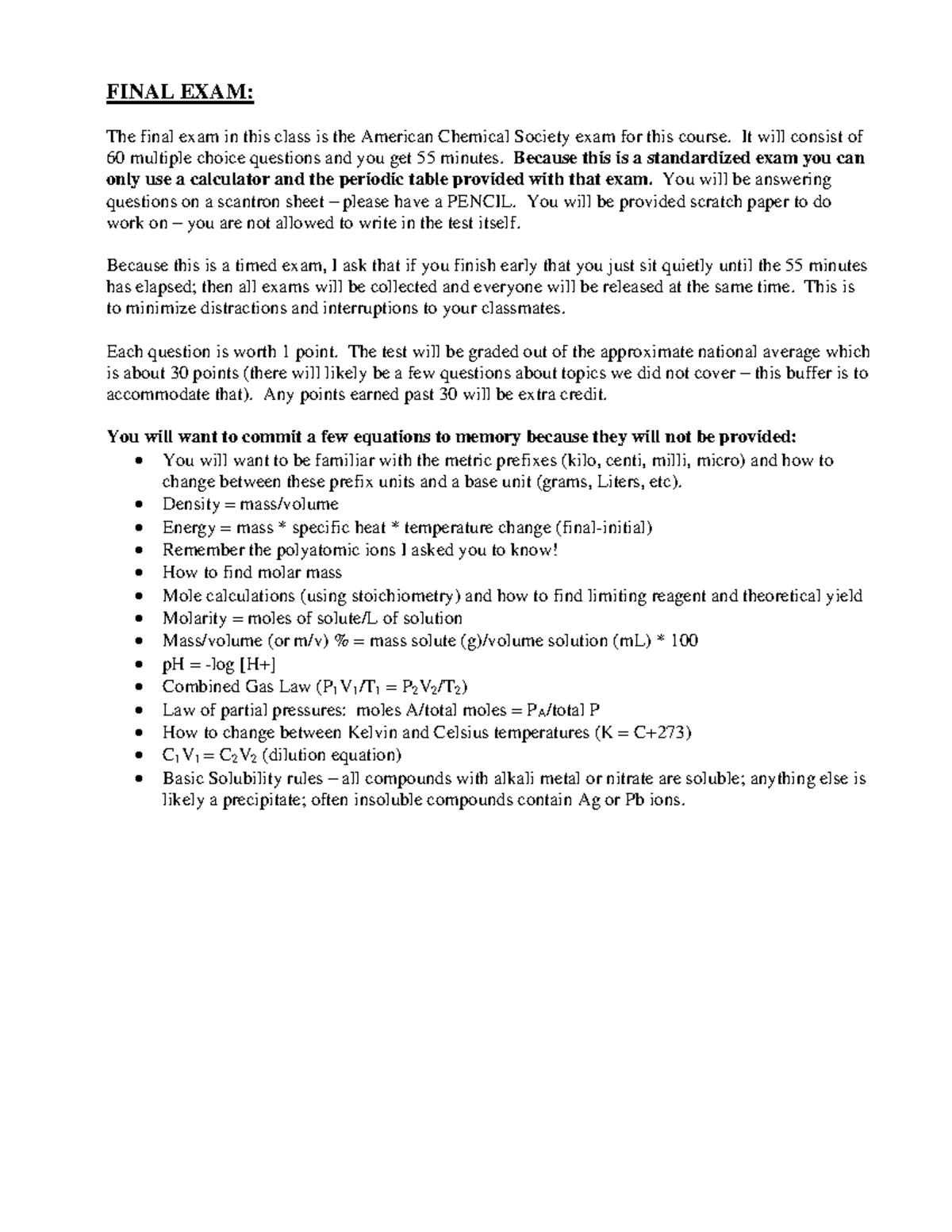 Final Exam Info: ACS Chemistry Exam Guidelines & Topics to Review - Studocu