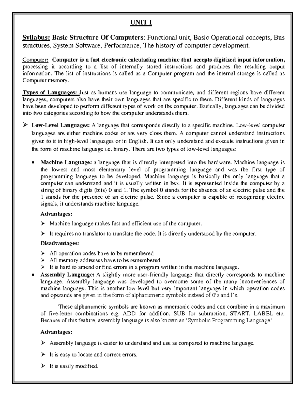 CO101: Unit I Syllabus on Basic Computer Structure and Functionality ...