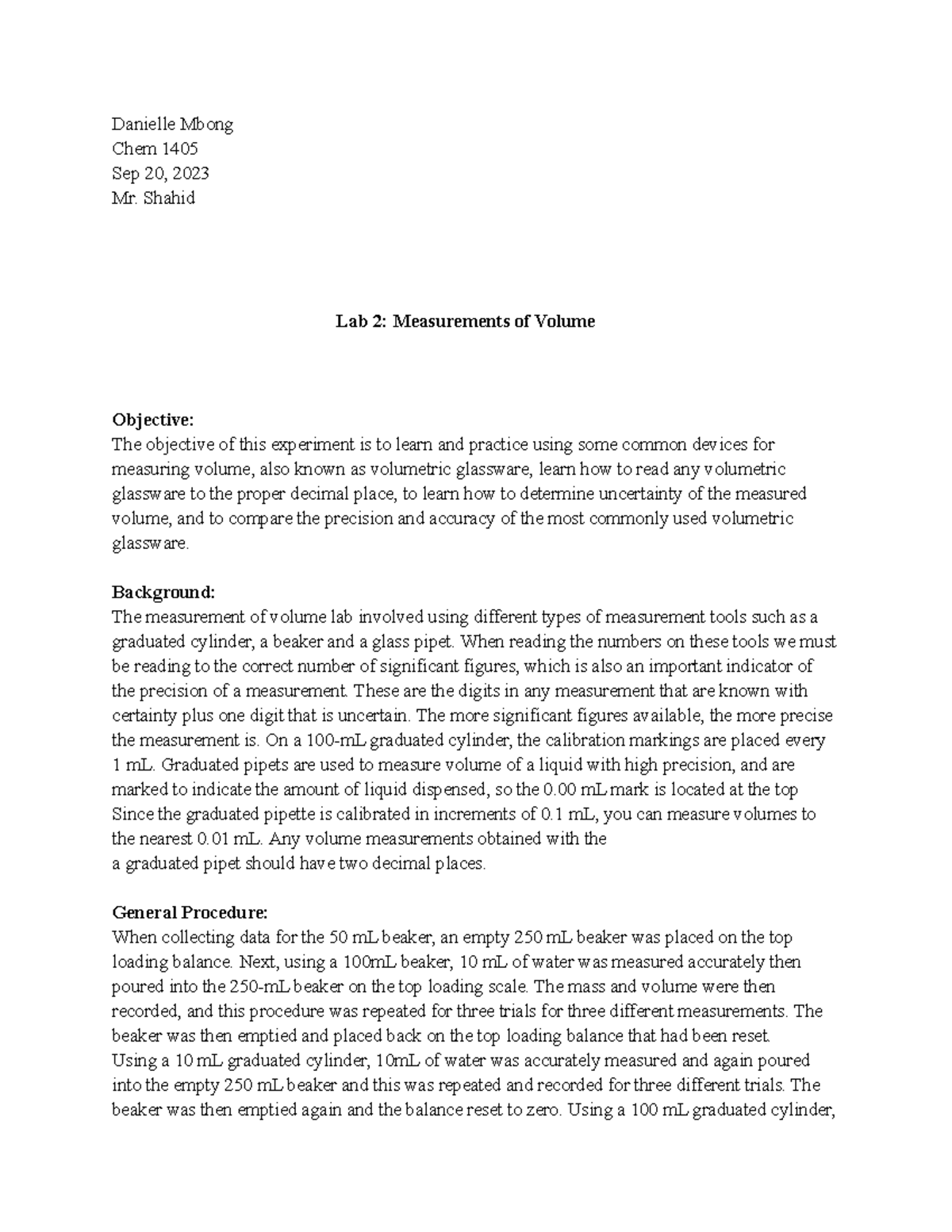 Lab 2 Report: Measuring Volume in Chem 1405 Experiment - Studocu
