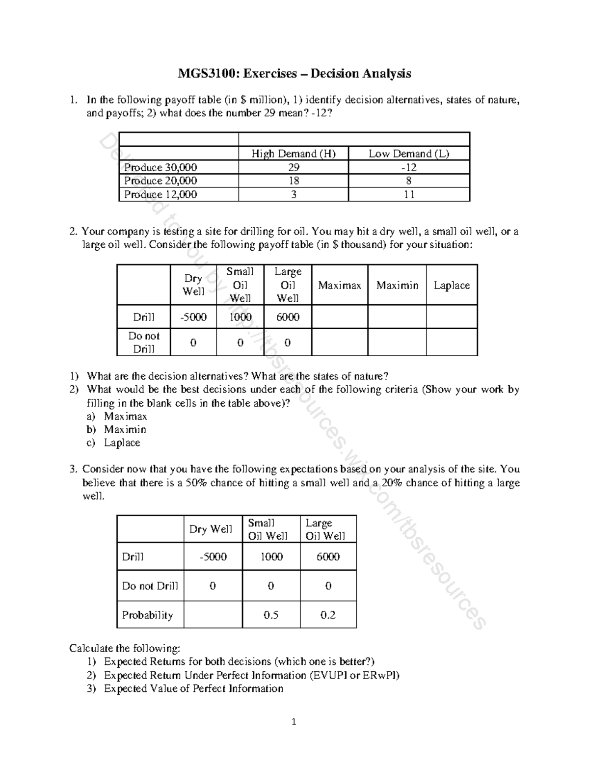 MGS3100: Decision Analysis Exercises with Solutions and Payoff Tables - Studocu