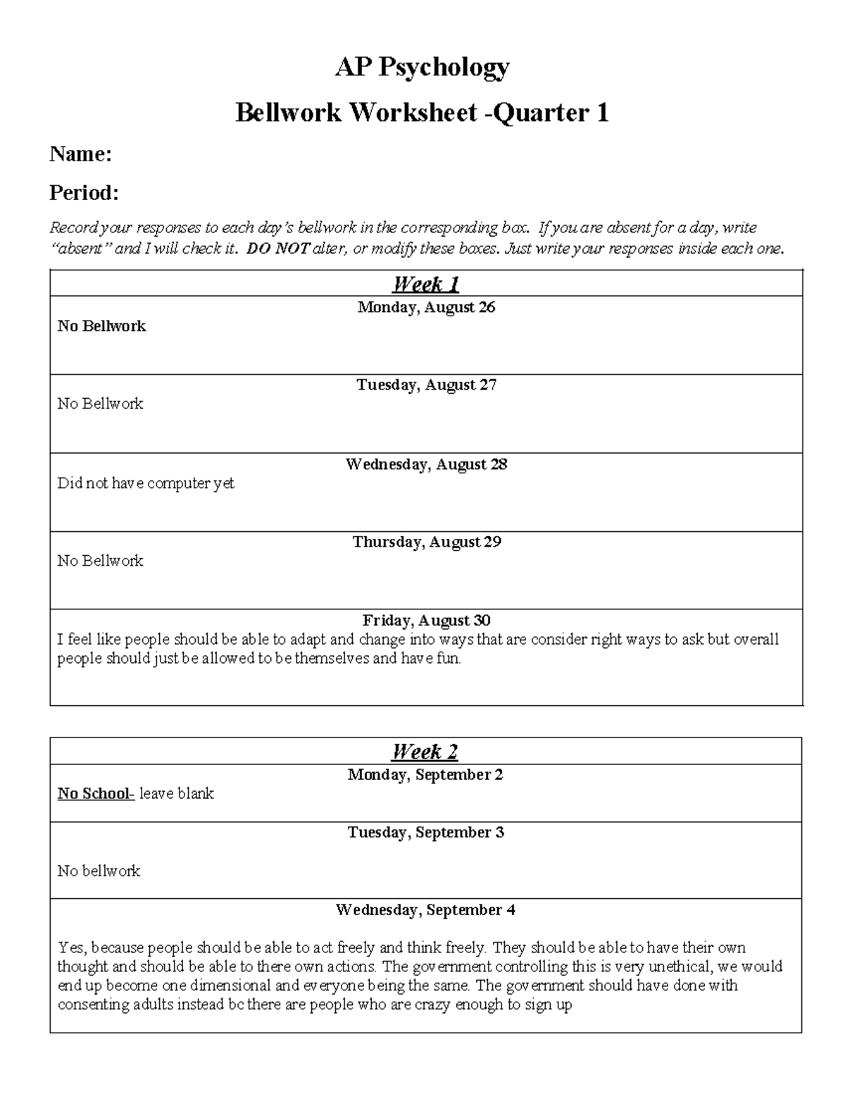 Bellwork for quarter - AP Psychology Bellwork Worksheet -Quarter 1 Name ...