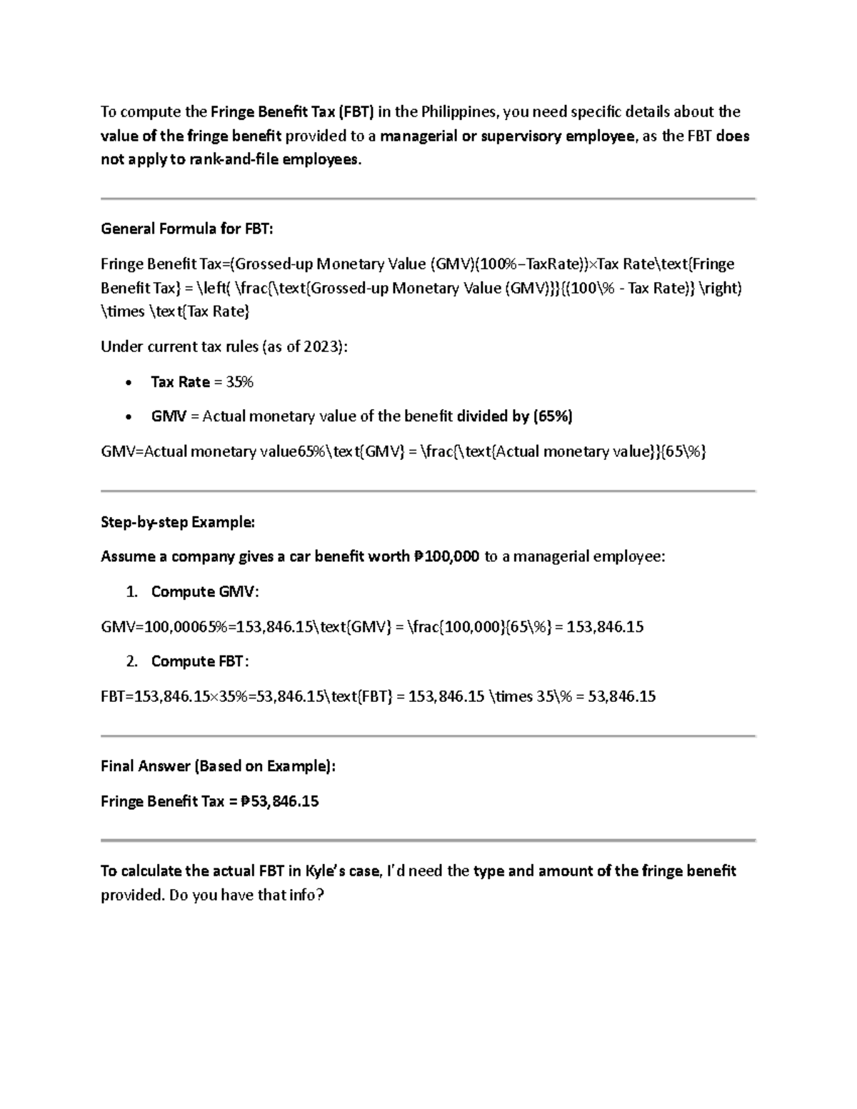 Fringe Benefit Tax Calculation Guide (FBT) in the Philippines - Studocu