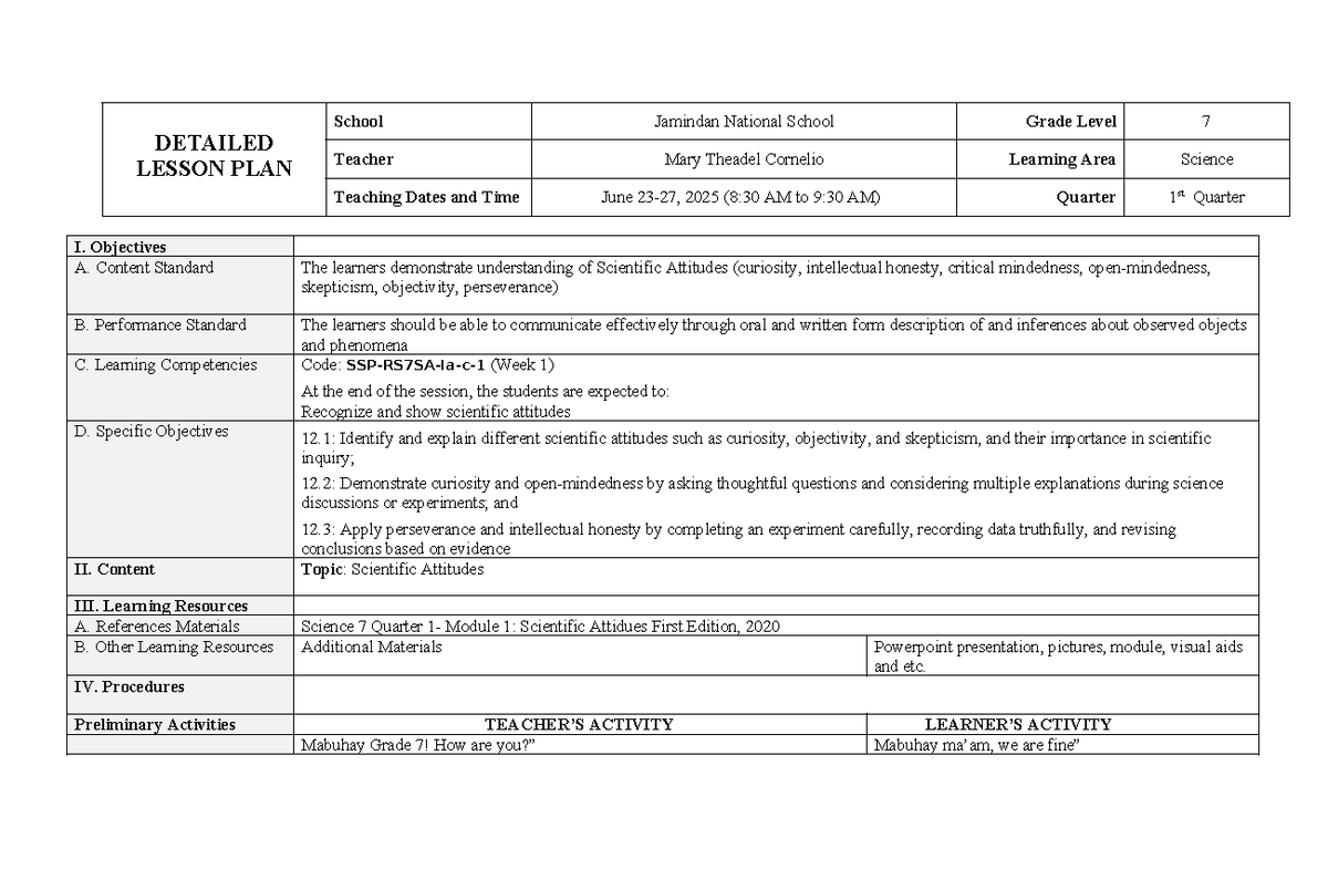Grade 7 Science Lesson Plan: Understanding Scientific Attitudes - Studocu