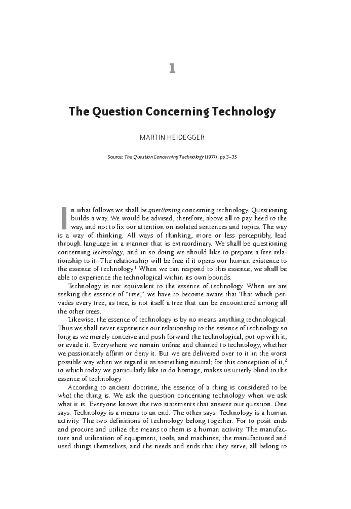 M Heidegger - The Question Concerning Technology (Chapter 1) - Studocu
