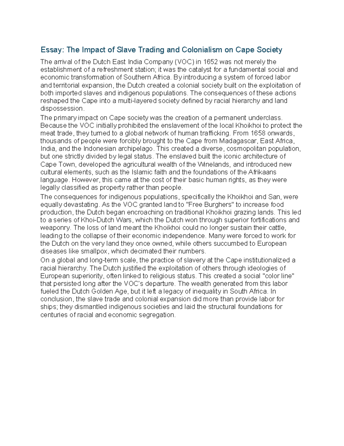 Grade 10 History Essay: The Impact of Slave Trading on Cape Society ...