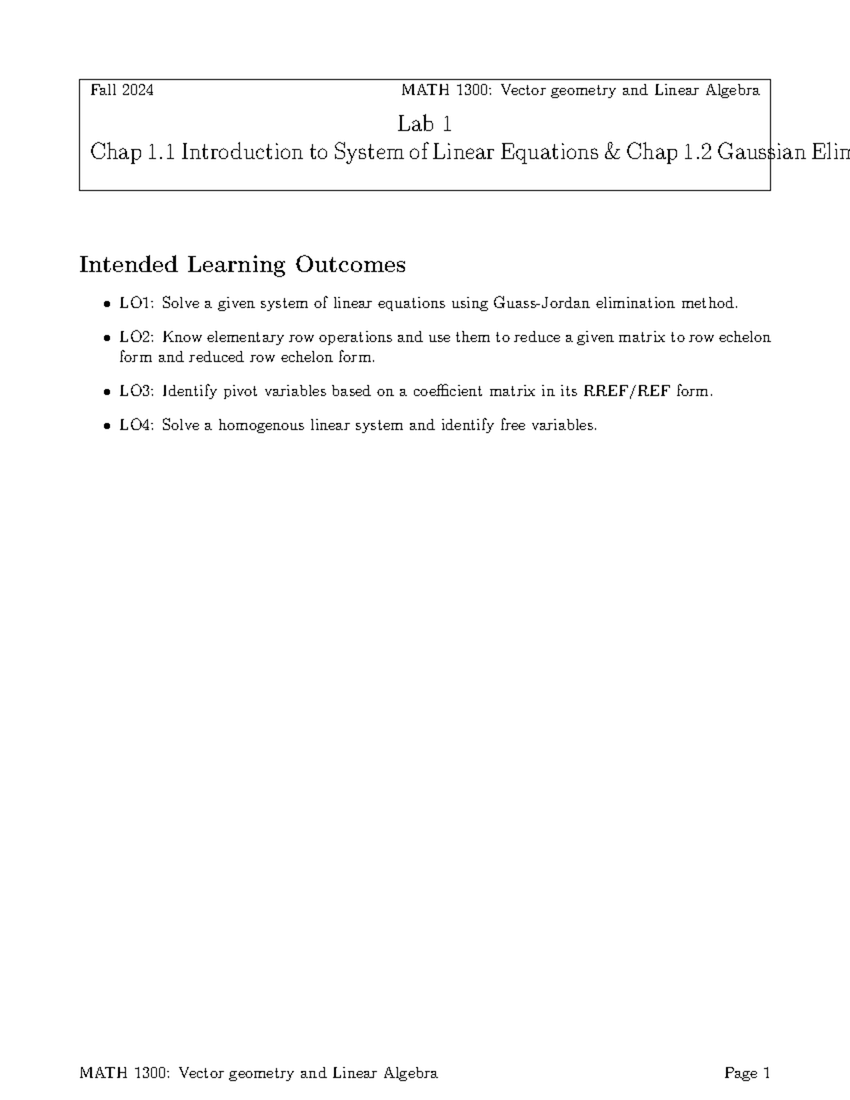 MATH 1300: Vector Geometry & Linear Algebra Lab 1 Solutions - Studocu