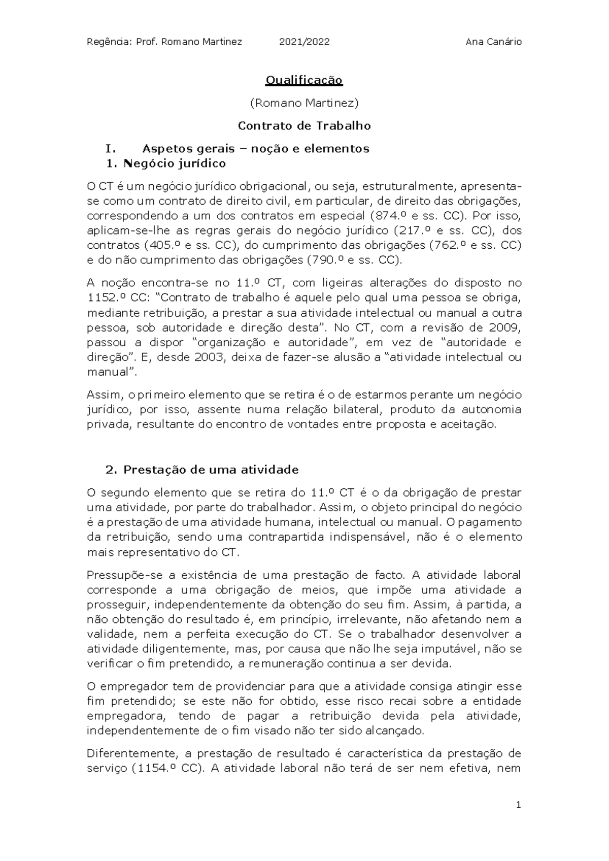 Qualificação do Contrato de Trabalho: Resumo e Aspetos Gerais - Studocu