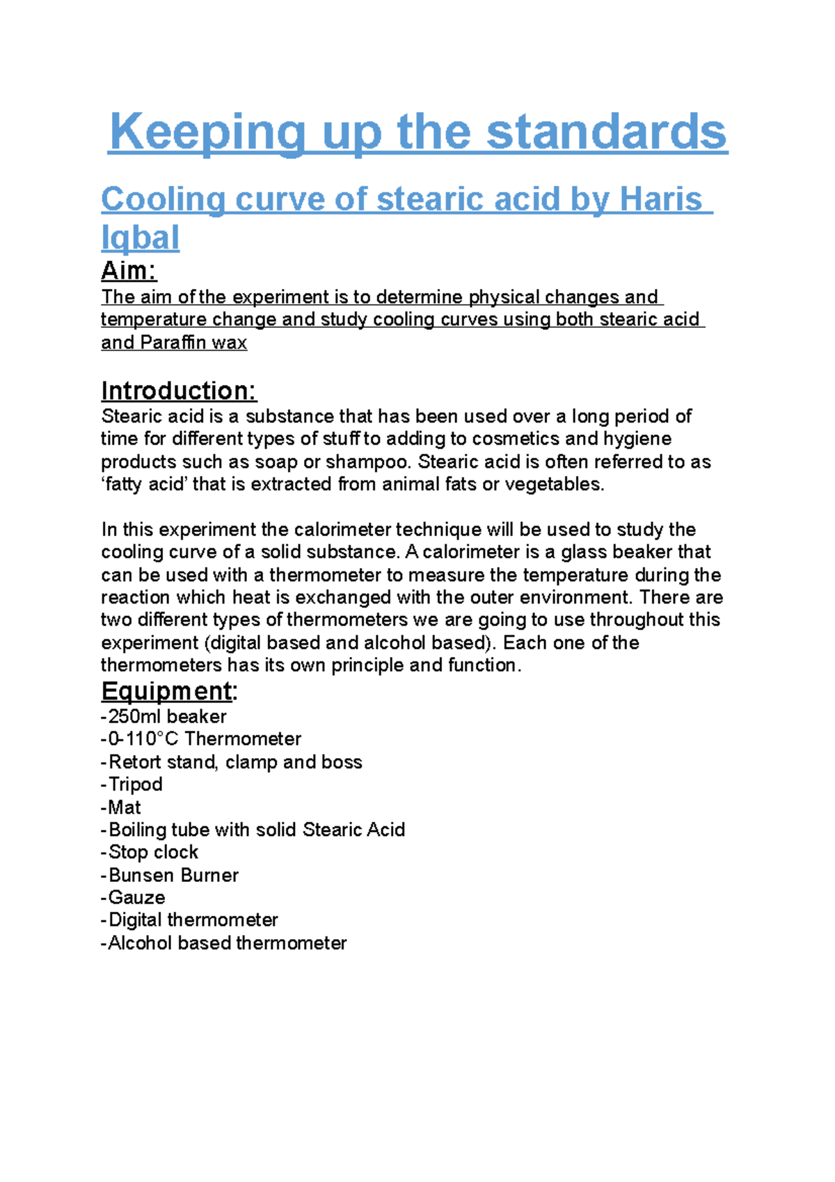 Calorimetry Cooling Curves for Stearic Acid & Paraffin Wax Techniques ...