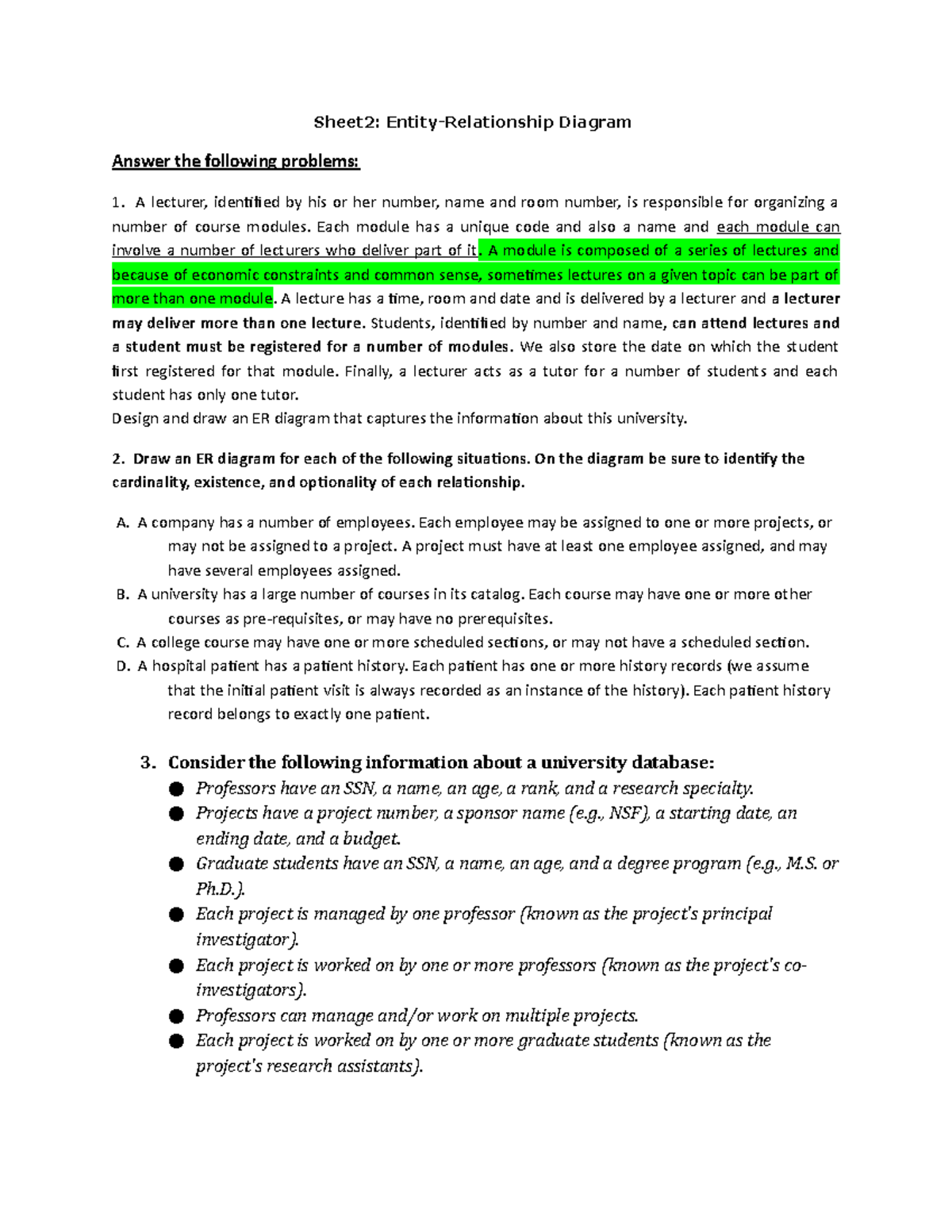 ERD Questions 2 - Sheet2: Entity-Relationship Diagram Answer the ...