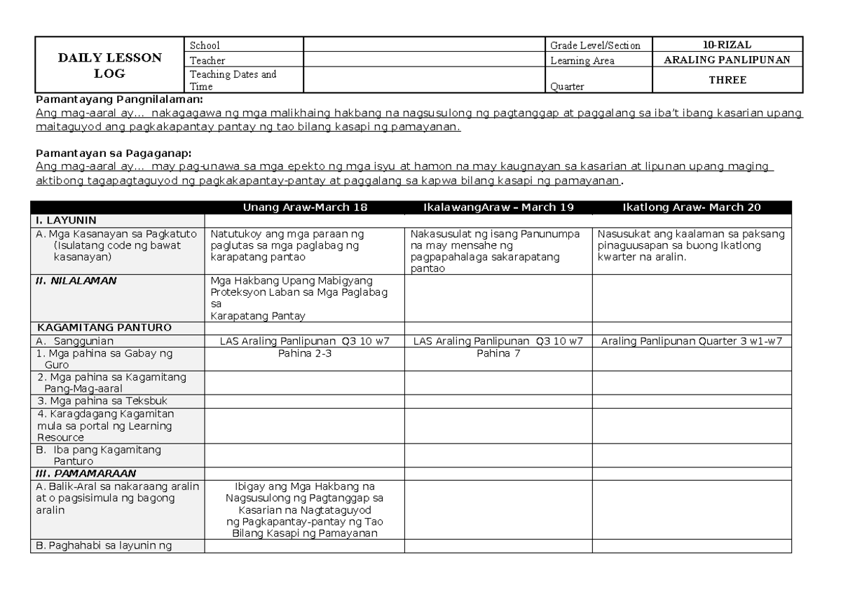 DLL-AP March 18-20 - DLL - DAILY LESSON LOG School Grade Level/Section ...