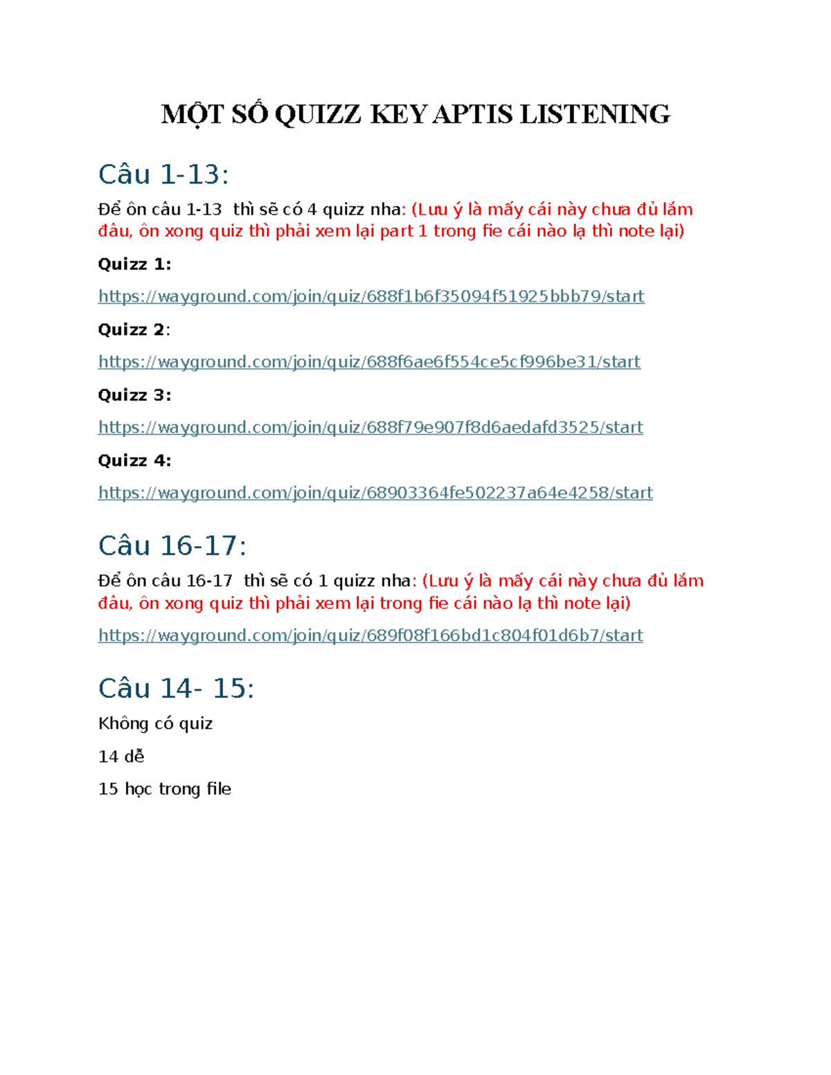 MỘT SỐ Quizz KEY Aptis Listening - MỘT SỐ QUIZZ KEY APTIS LISTENING Câu ...