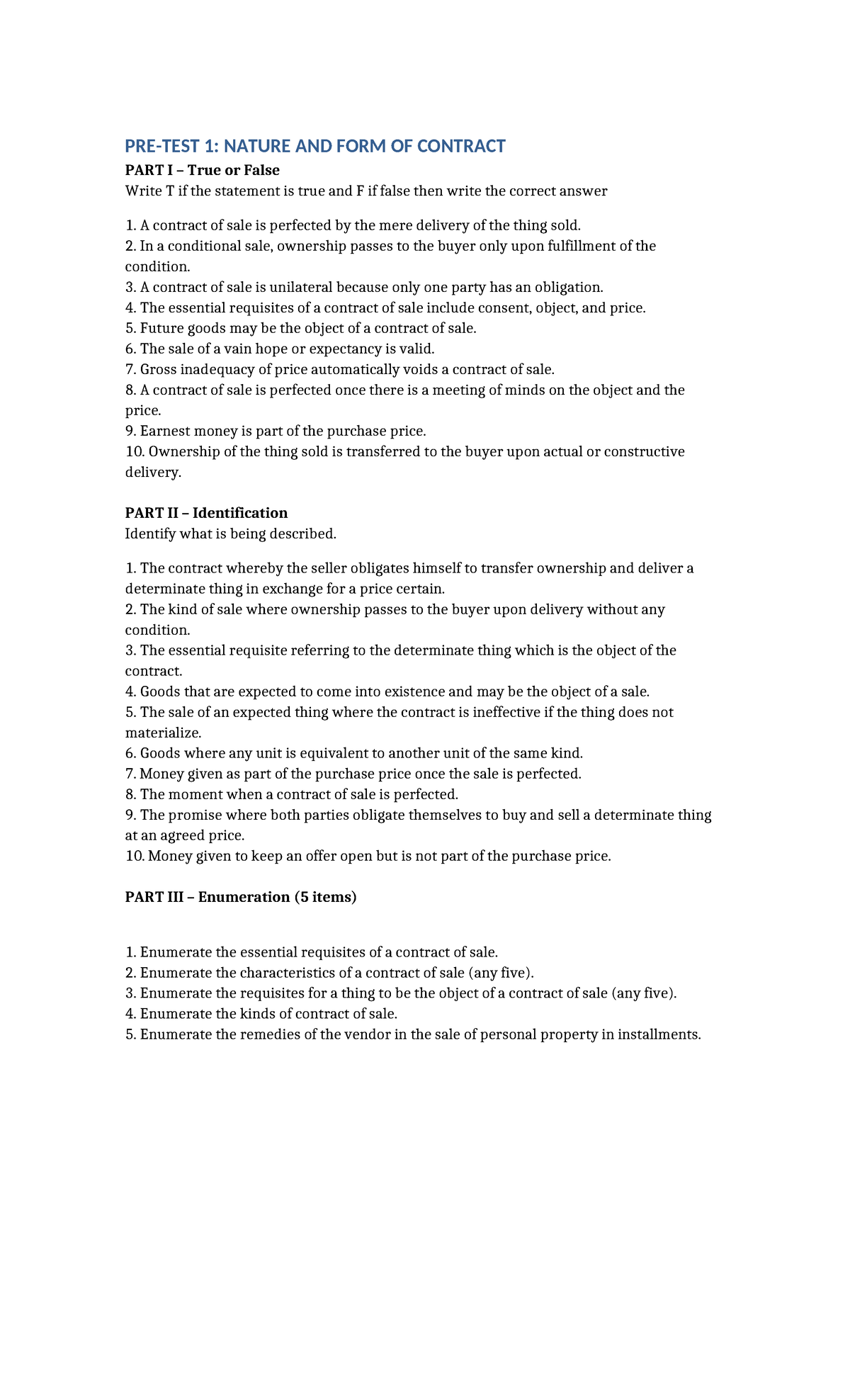 1: Pretest on Sales Law (LAW101) - True/False & Identification ...