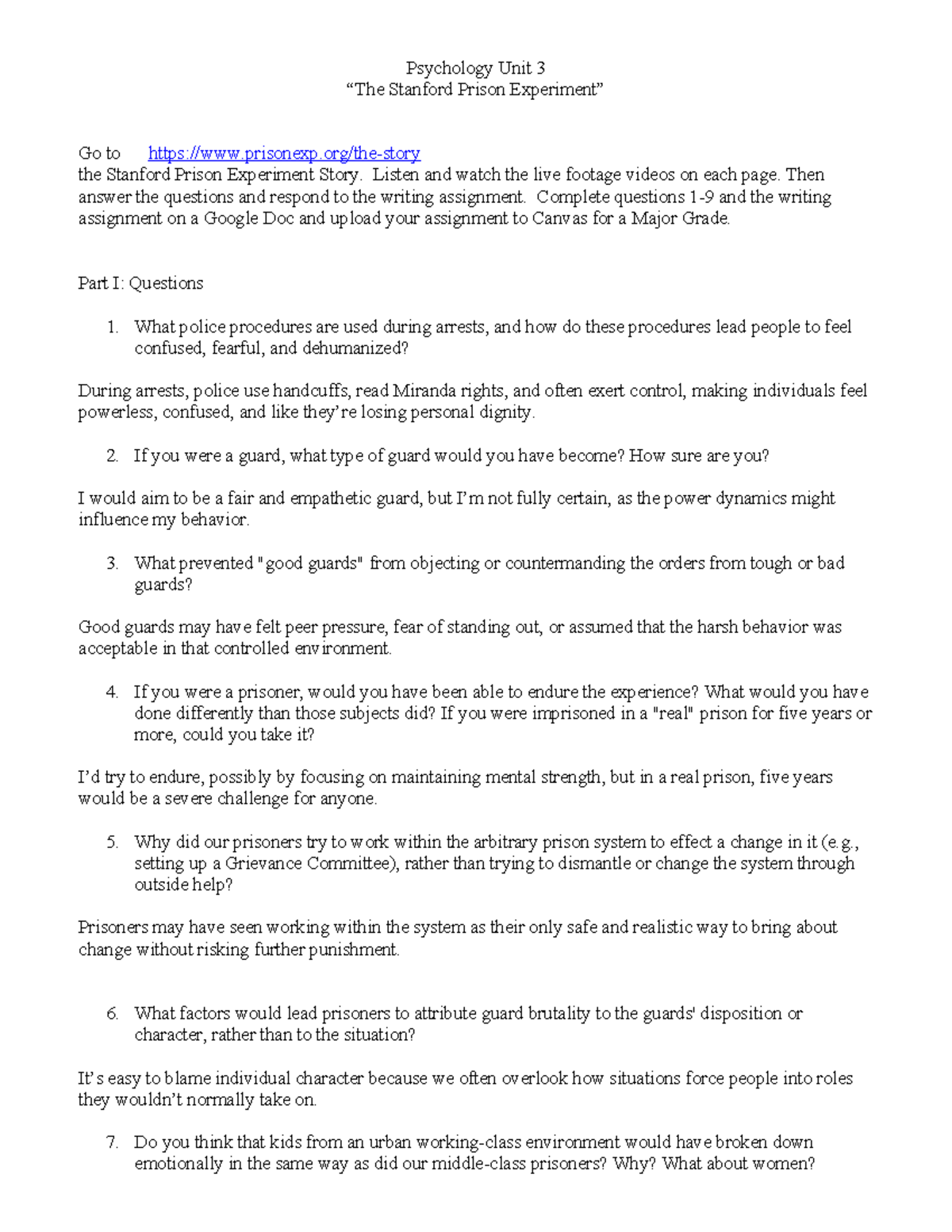 Psychology Unit 3: Stanford Prison Experiment Assignment Guide - Studocu