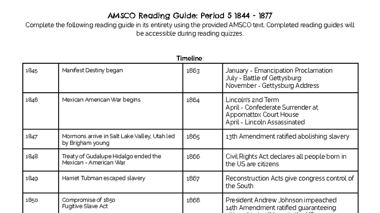 AMSCO Reading Guide: APUSH Period 5 (1844-1877) Overview and Key Events ...