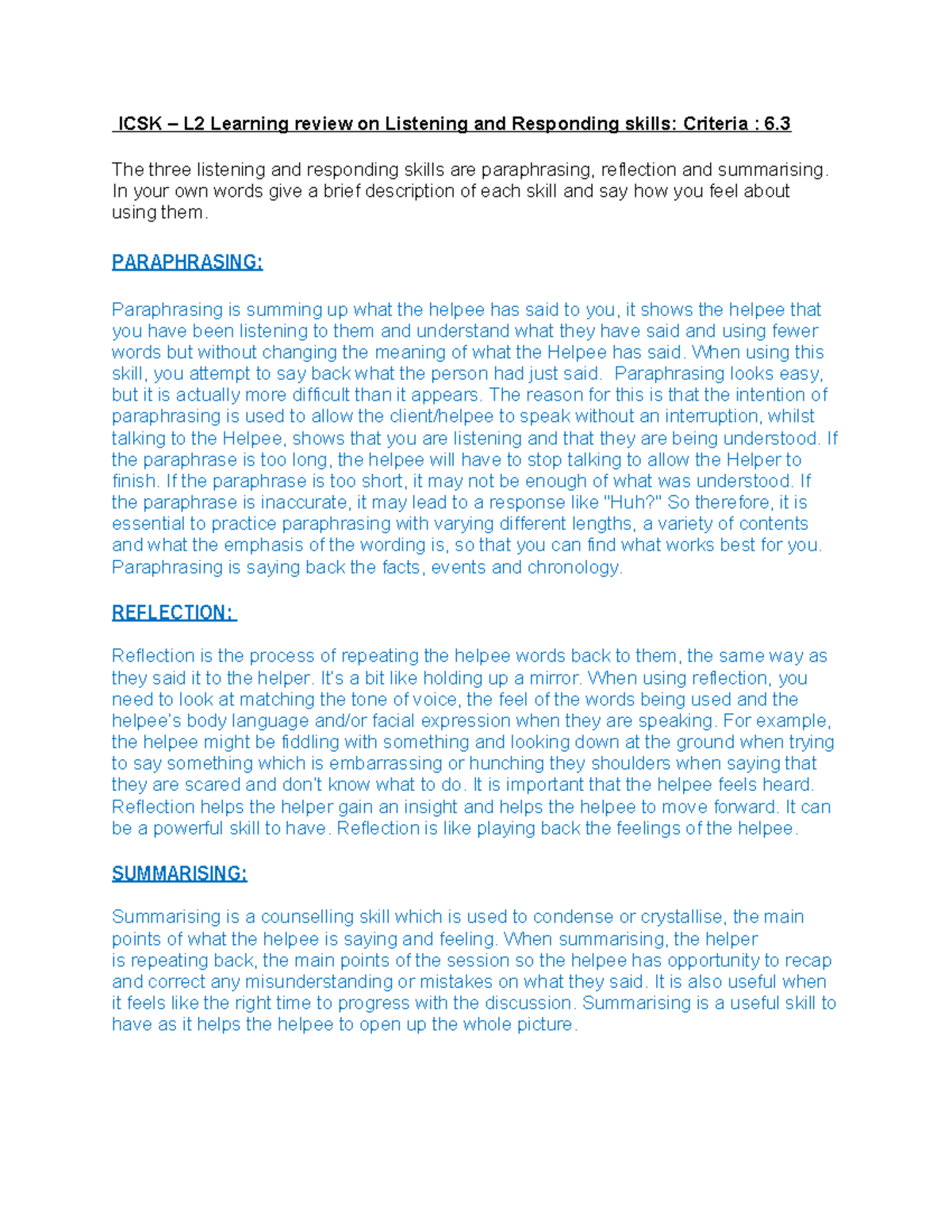 Listening and Responding SKills Criteria 6.3 - ICSK – L2 Learning ...