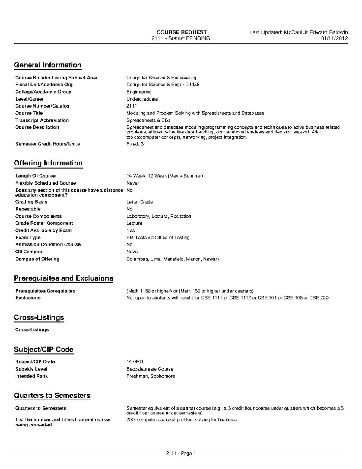 CSE 2111: Modeling & Problem Solving with Spreadsheets & Databases ...