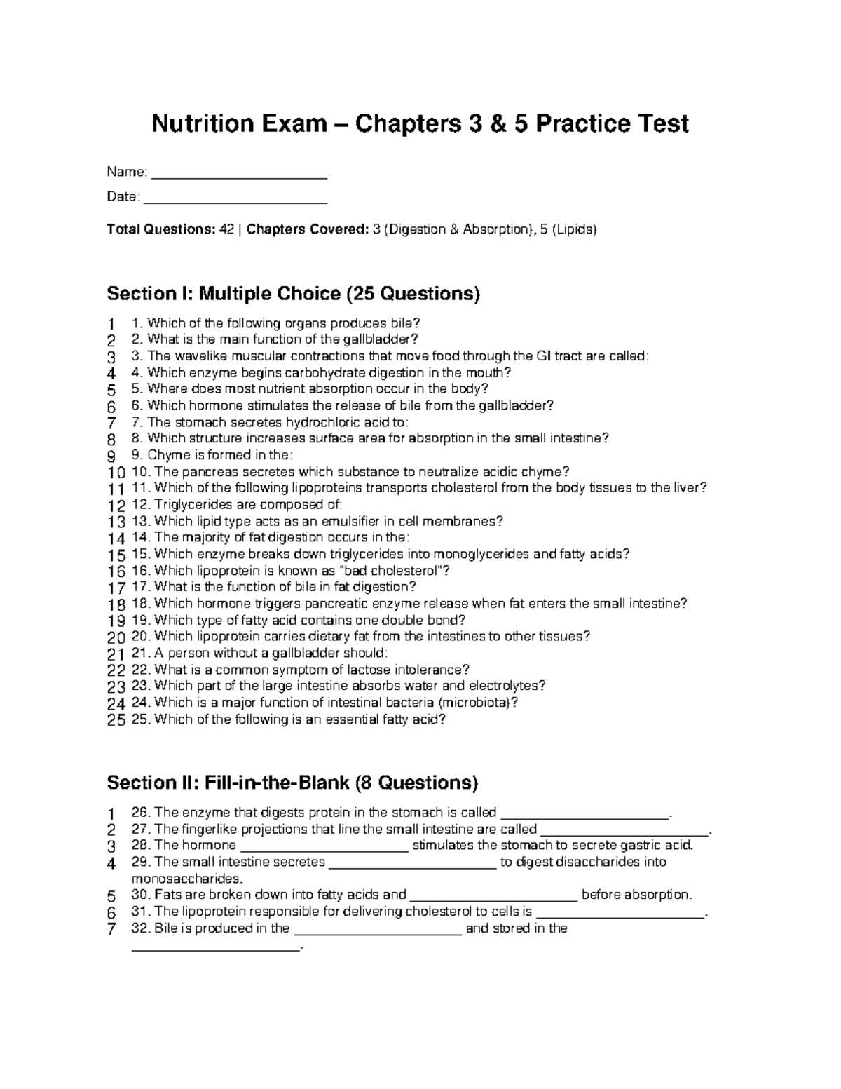 Nutrition Exam Practice Test: Chapters 3 & 5 (Digestion & Lipids) - Studocu
