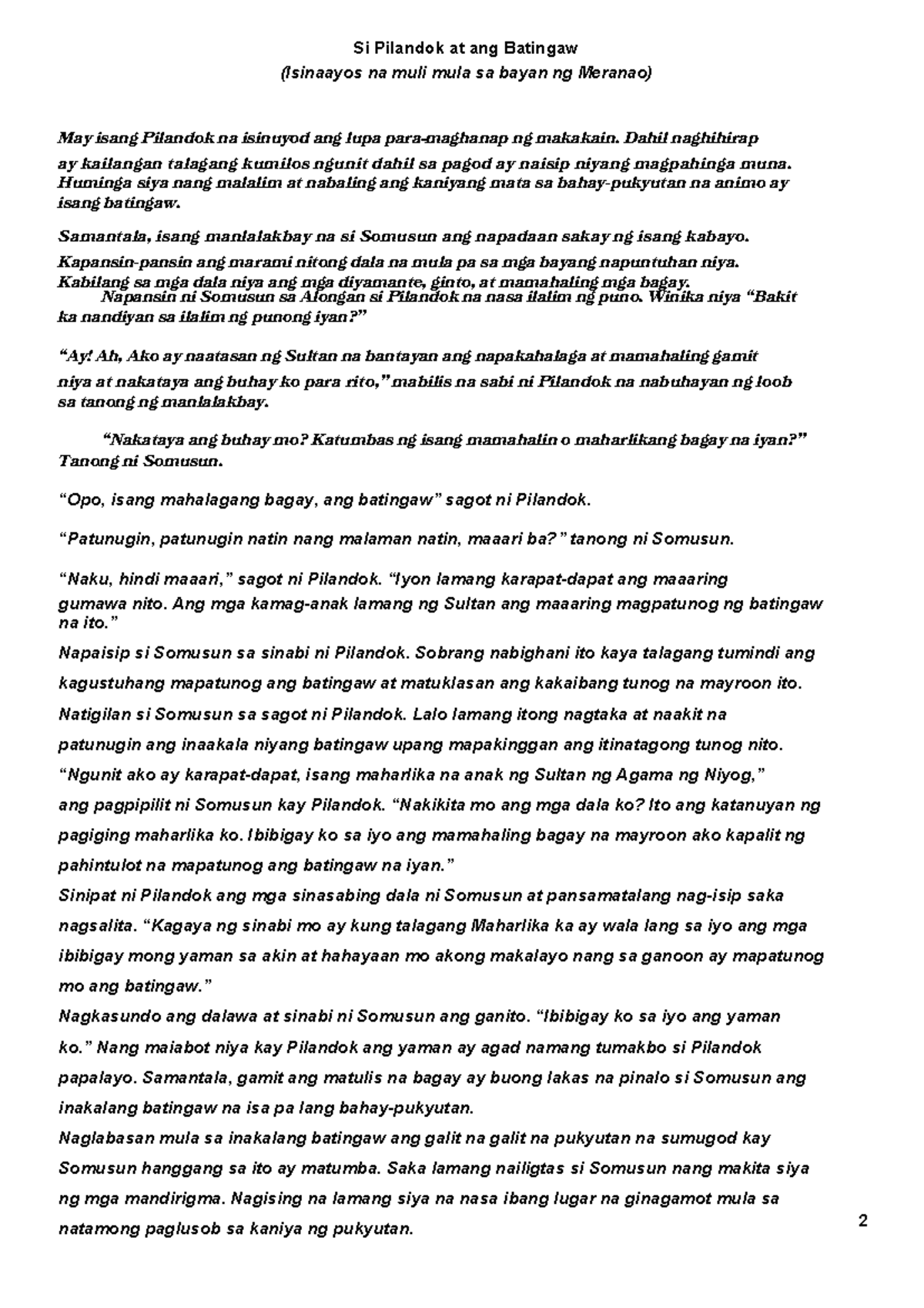 WS Q2 Filipino 7 Lesson 1: Si Pilandok at ang Batingaw - Studocu