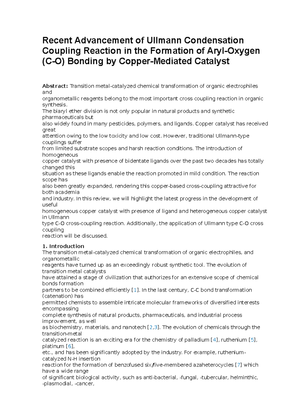 Recent Advancements in Ullmann Condensation Coupling (Chem 302) - Studocu