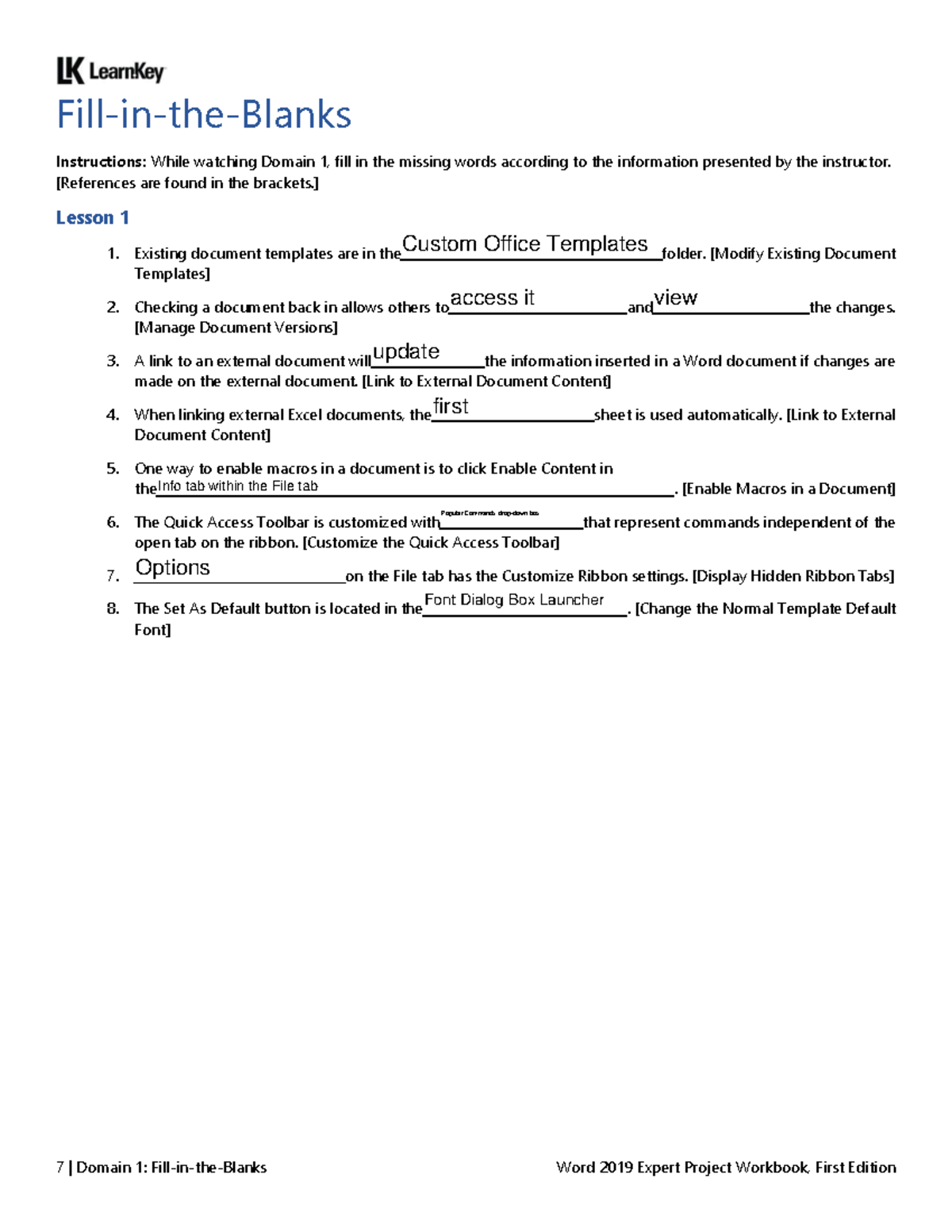 GMetrix Microsoft Word 2019 Expert Lesson 1 Fill-in-the-Blanks WB - Studocu