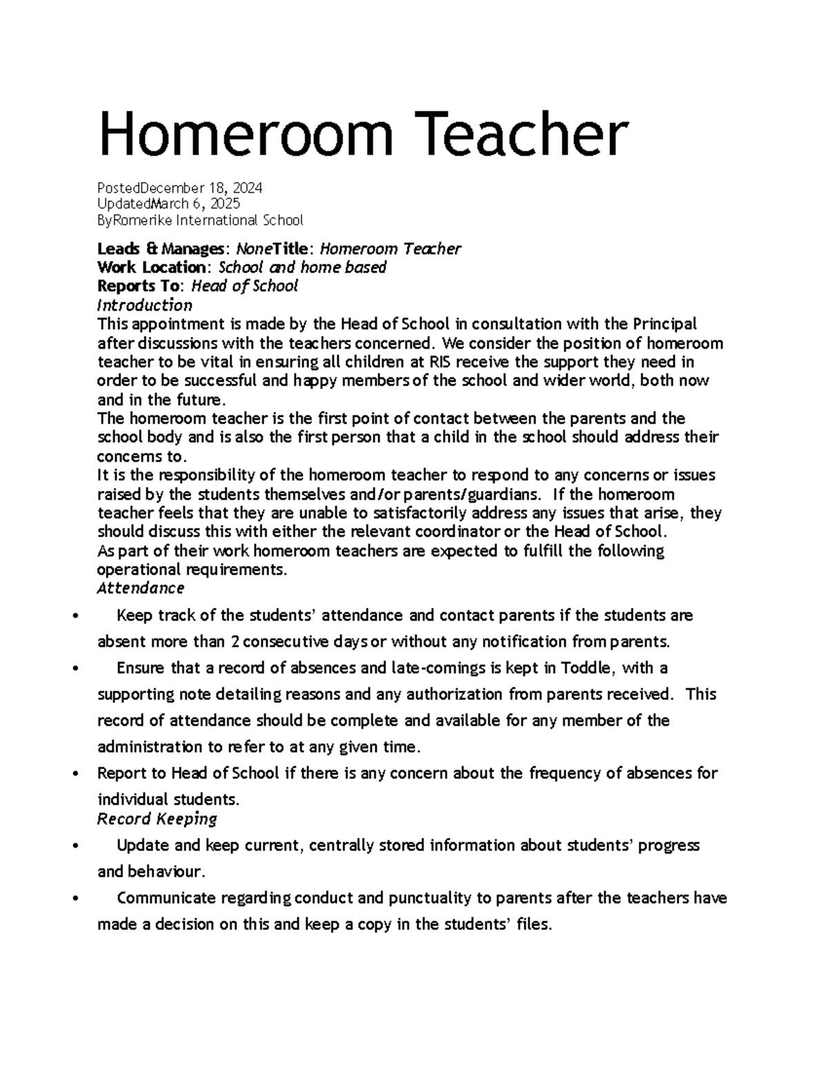 Homeroom Teacher Job Description - Romerike Int'l School - Studocu