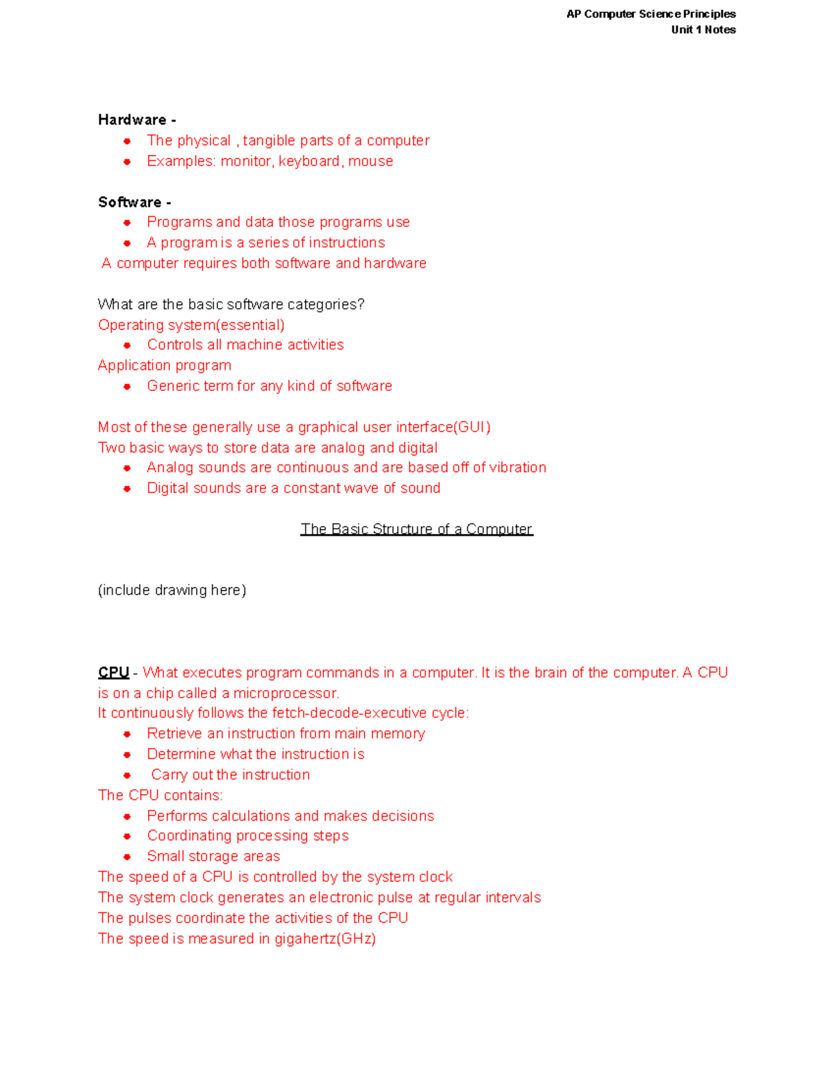AP Computer Science Principles: Unit 1 Lecture Notes on Hardware and ...
