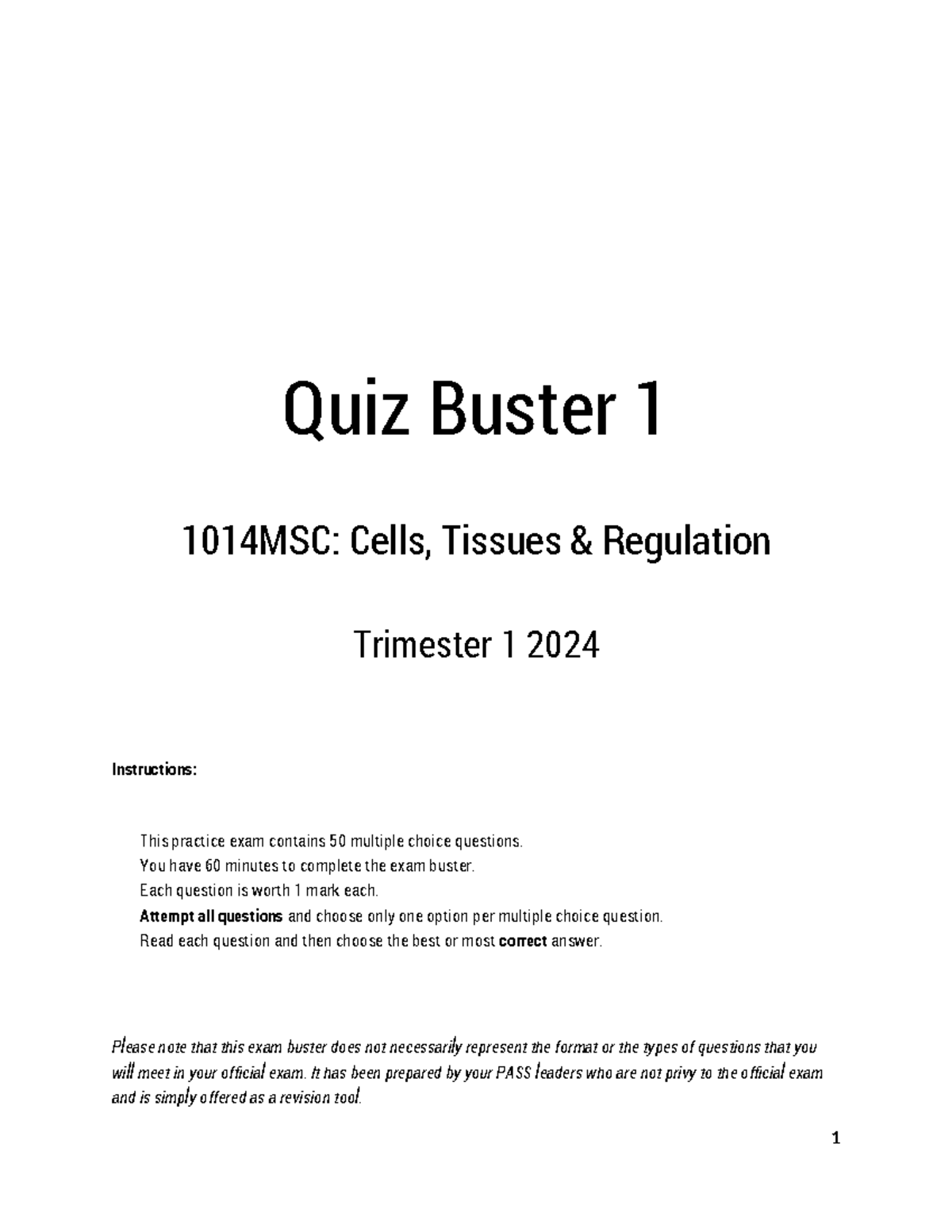 1014MSC Final Exam Quiz Buster 1: Cells & Tissues Review - Studocu