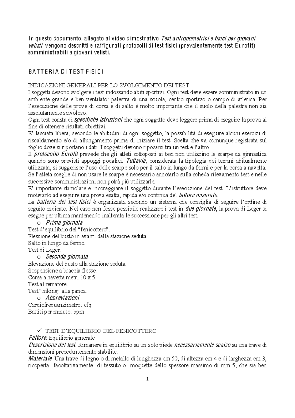 Protocolli di Test Eurofit per Velisti - Linee Guida e Istruzioni - Studocu