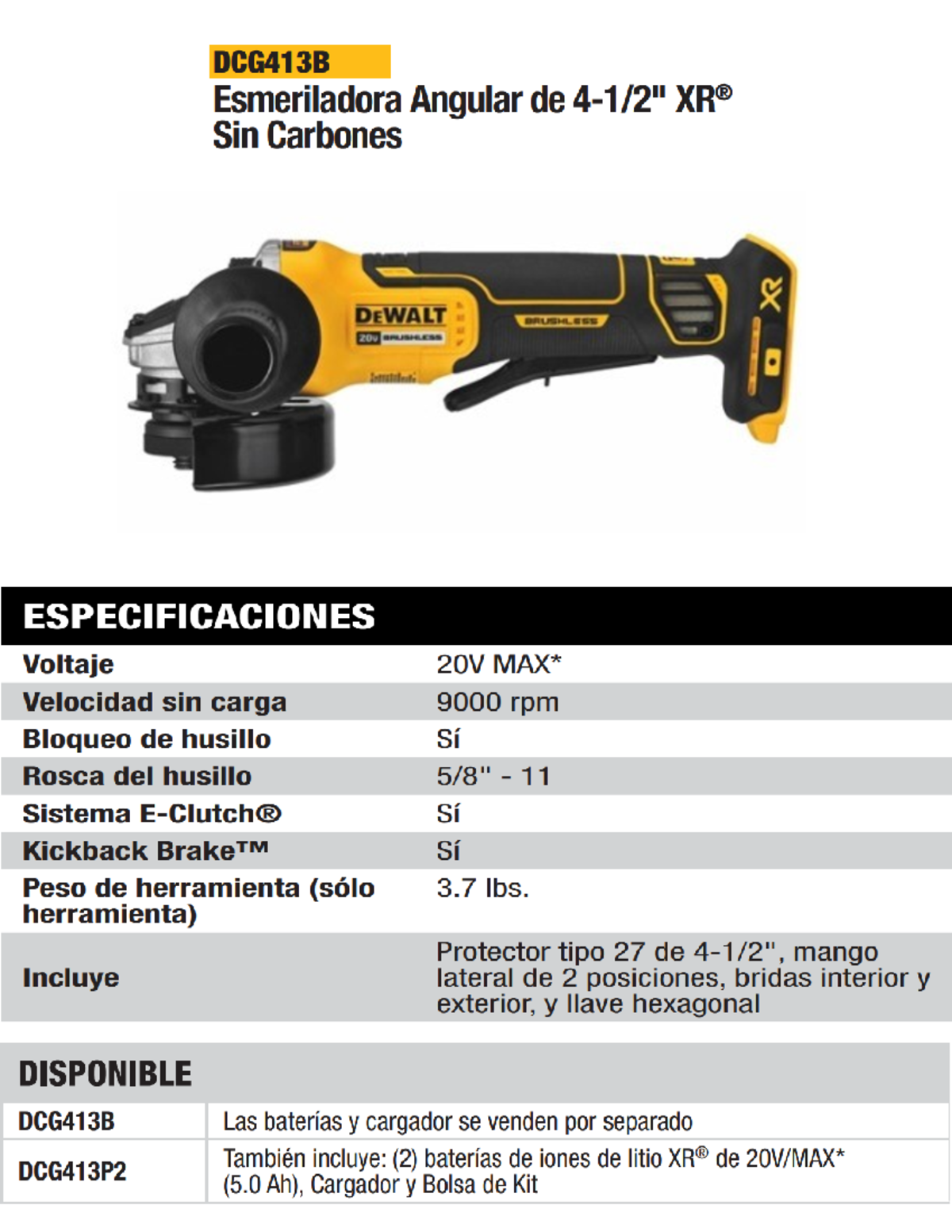 Especificaciones Técnicas de la Amoladora Angular DEWALT DCG413B - Studocu