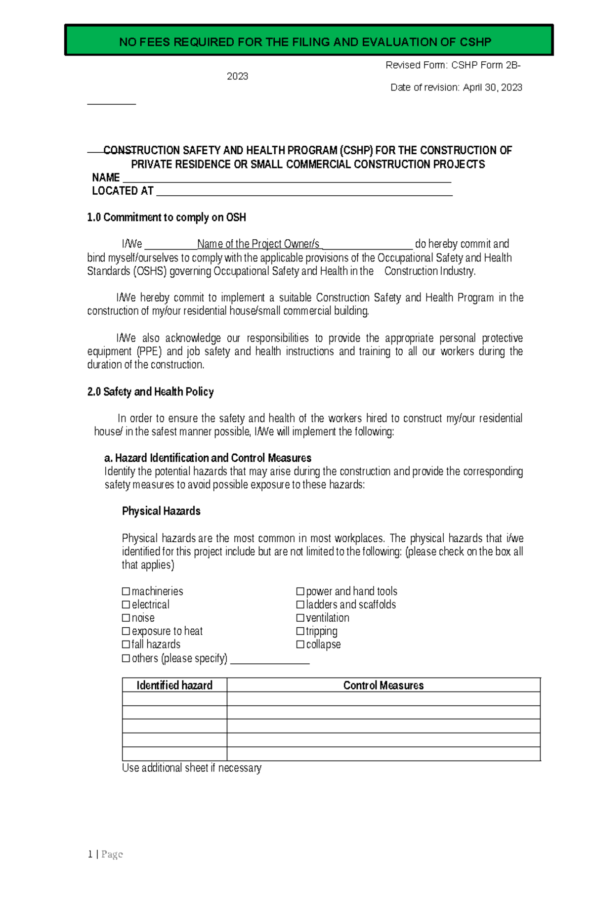 CSHP 2023 Form 2B: Construction Safety & Health Program Guidelines ...
