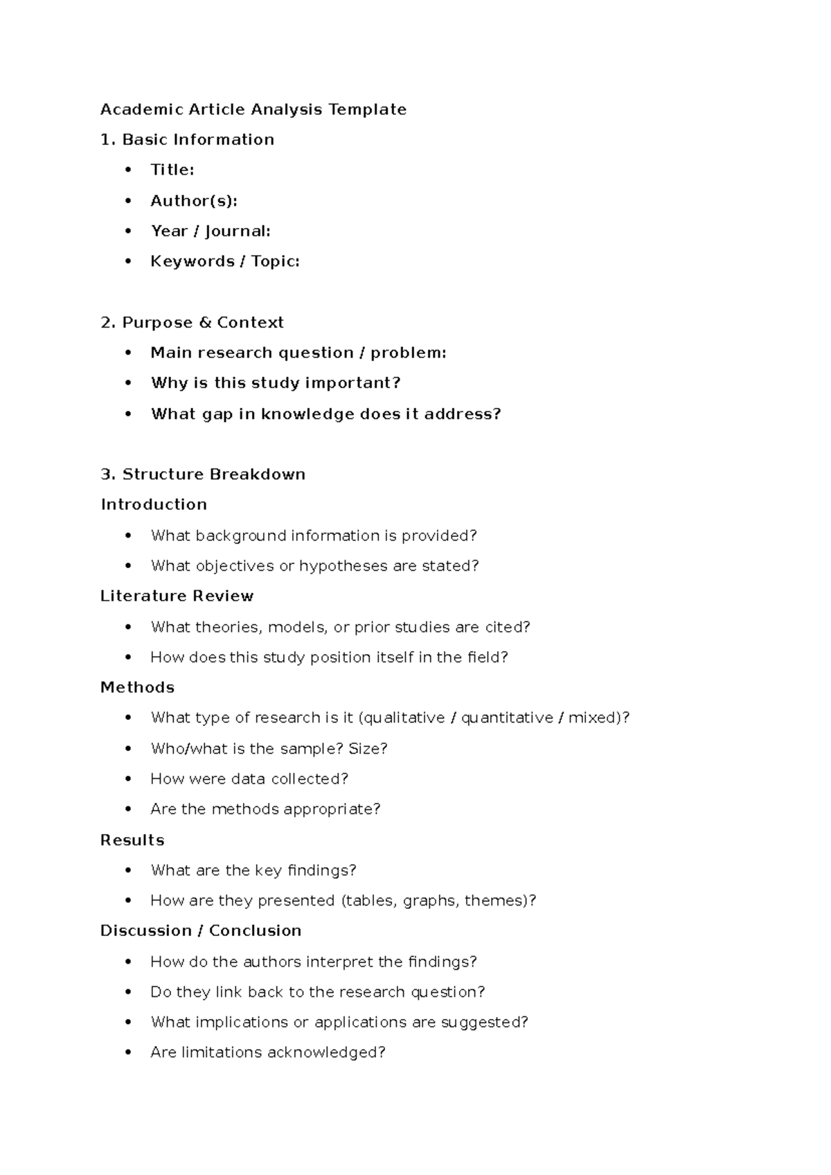 Academic Article Analysis Template: Key Components & Structure - Studocu