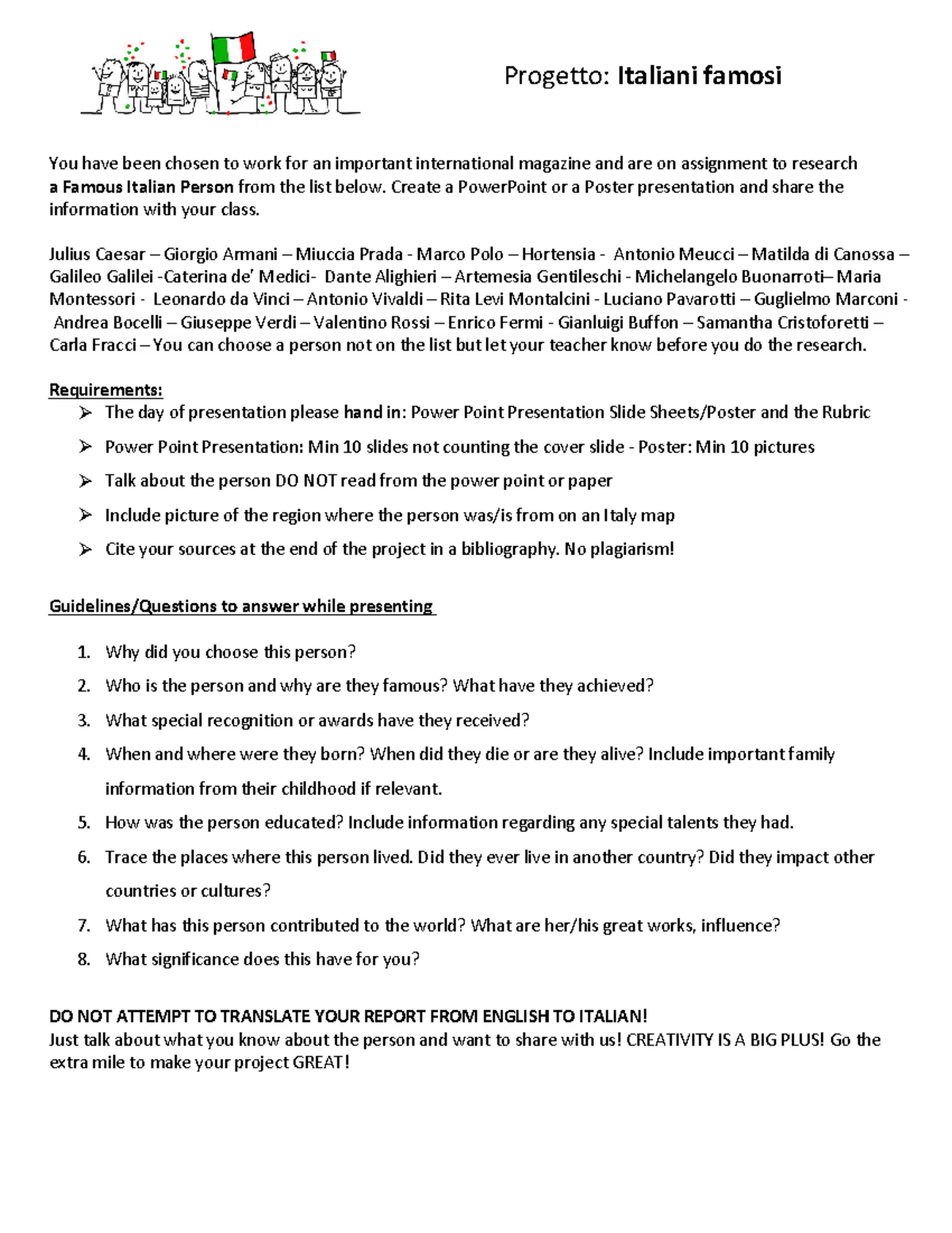 Italiani Famosi Project - Italiano III / AP Presentation Guidelines ...