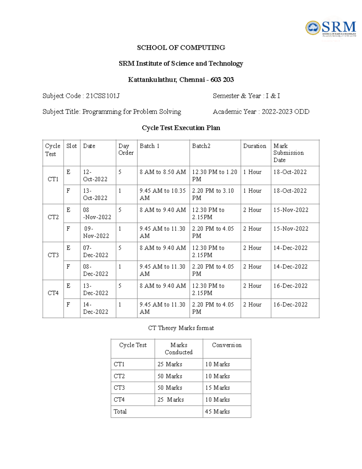 21CSS101J Programming for Problem Solving Cycle Test Execution Plan ...