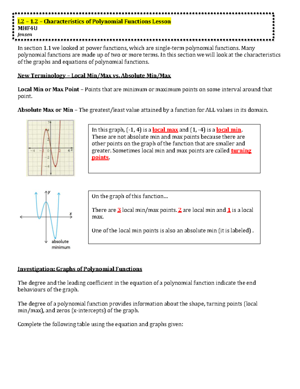 MHF4U 1.2 Characteristics of Polynomial Functions Lesson Notes - Studocu