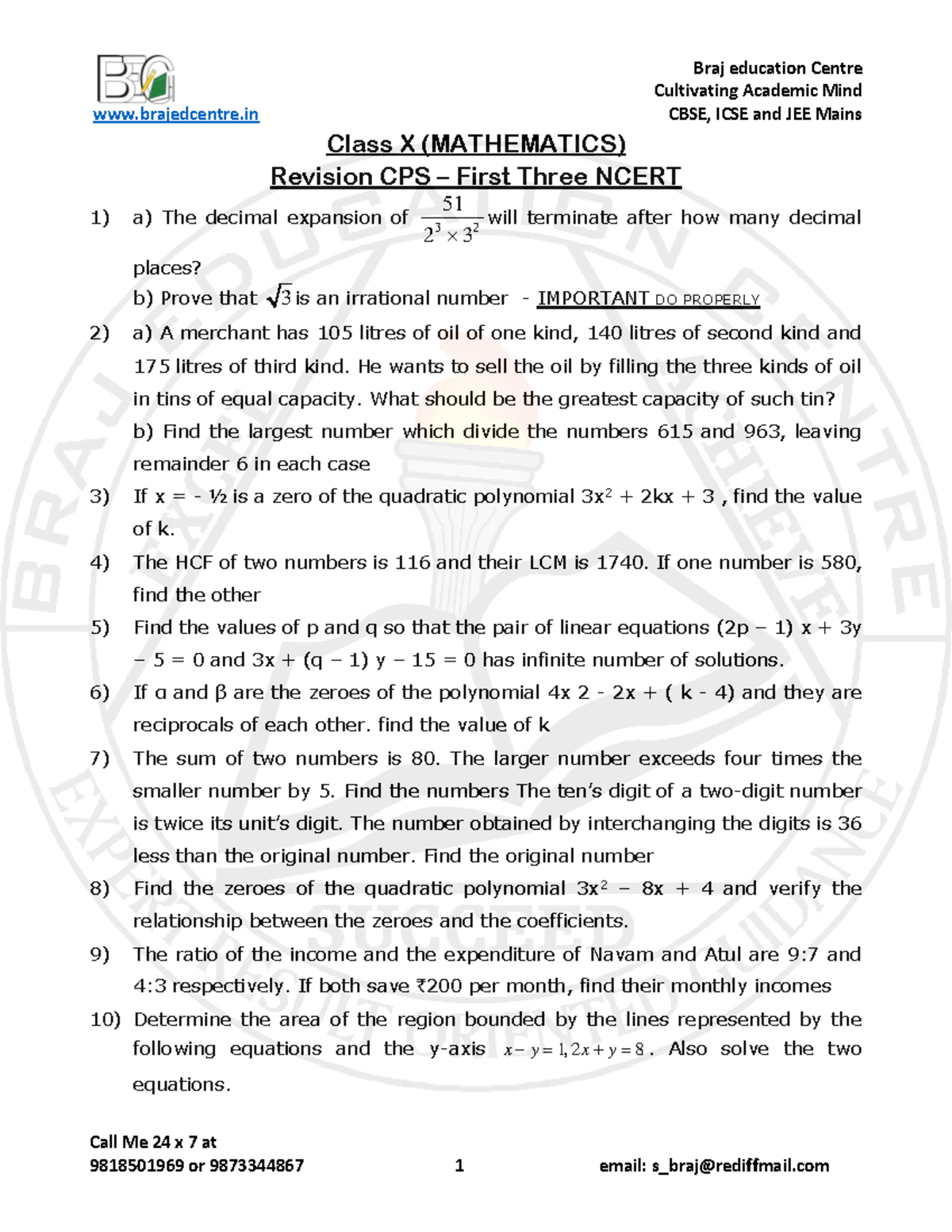 Braj Education Centre Class X Mathematics Revision Notes for CBSE ...