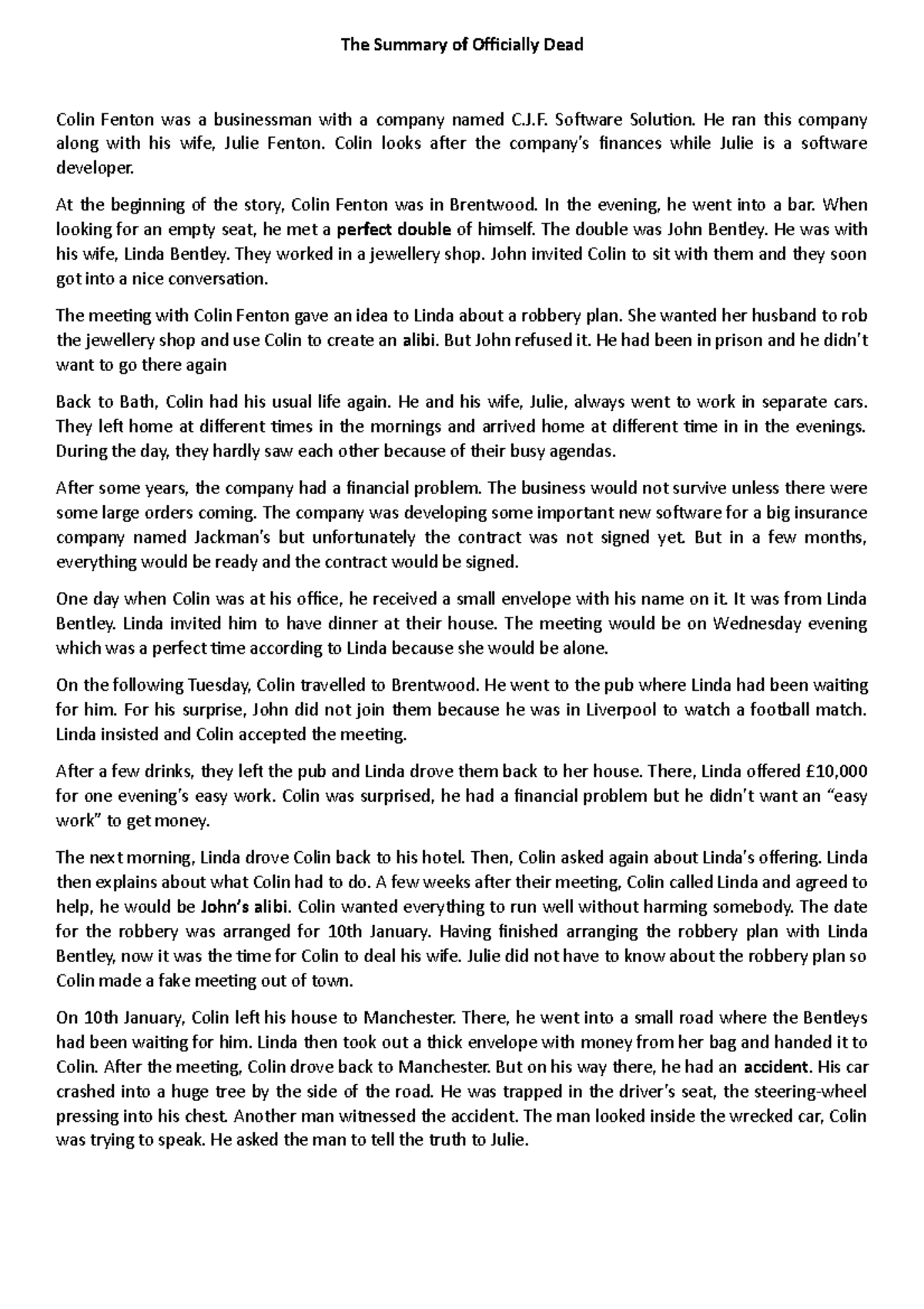 Officially Dead: A Summary of Colin Fenton's Twisted Fate - Studocu