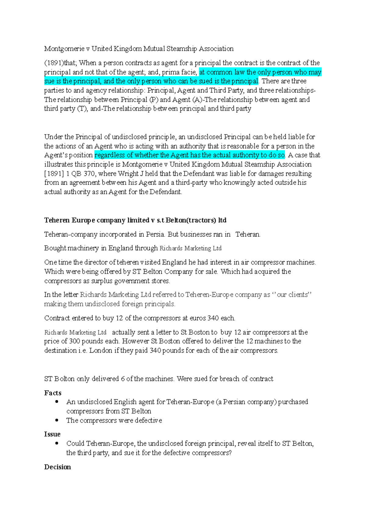 CASE LAWS ON Disclosed & Undisclosed Principal (Law 101) - Studocu