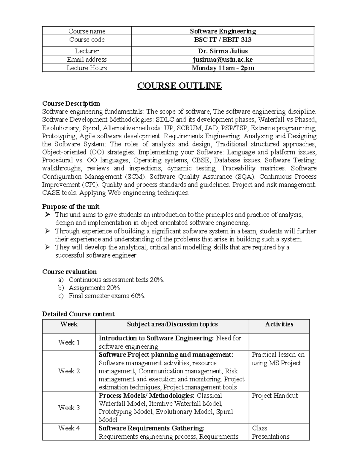Software Engineering Course Outline BBIT 313: Key Concepts ...