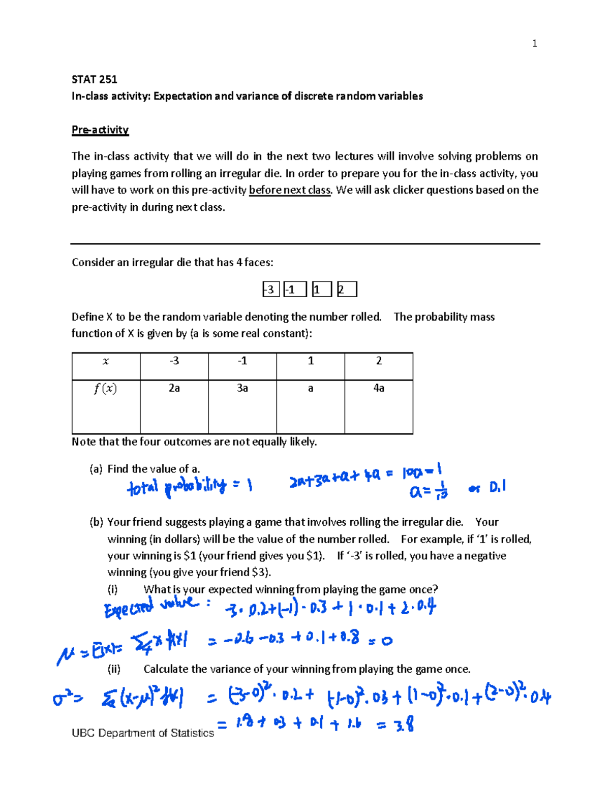 1 STAT 251 Activity: Expectation & Variance of Discrete Random ...