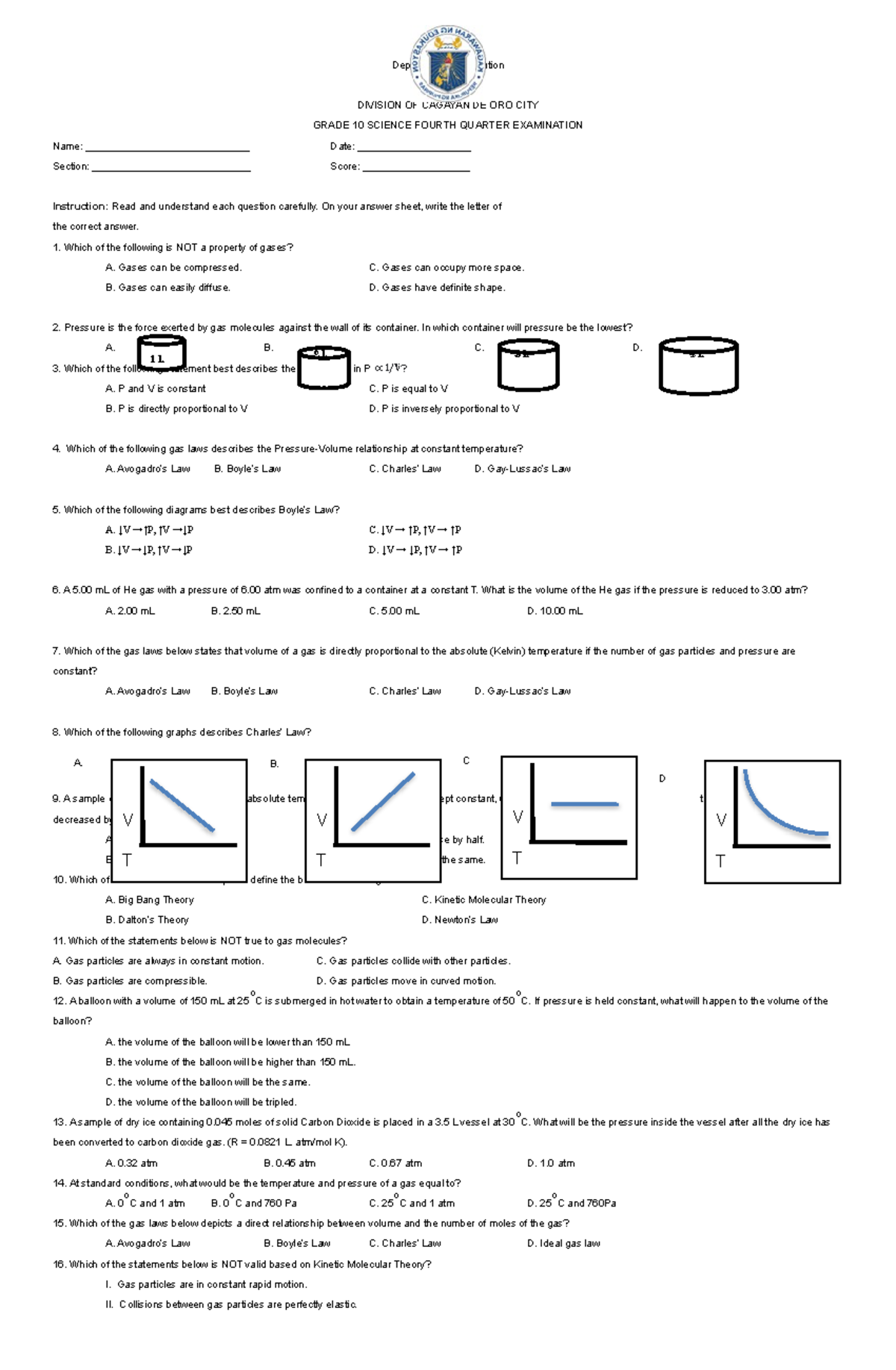 Science 10 Q4 Exam Review and Practice Questions - Studocu