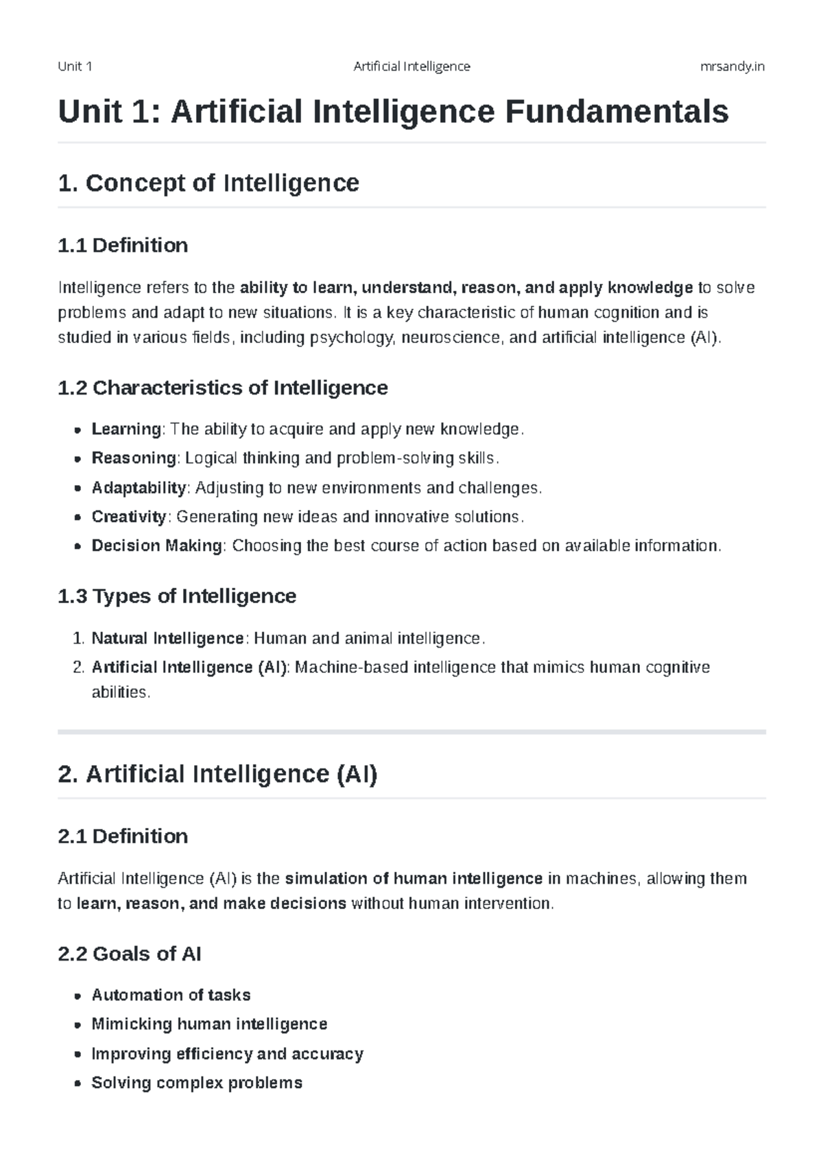 AI Unit 1: Fundamentals of Artificial Intelligence - @mrsandyy Notes ...